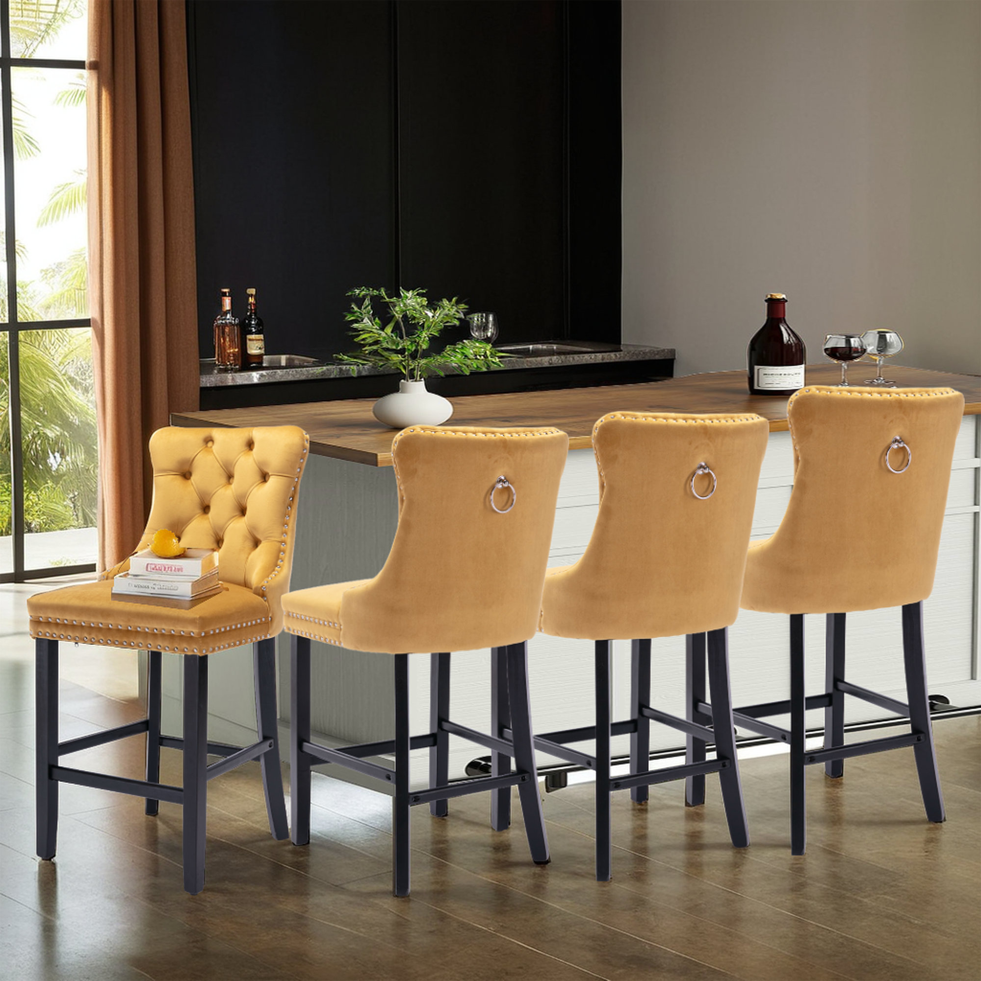 Rosdorf Park Velvet Nailhead Wing Back Counter Height Barstools(Set of ...