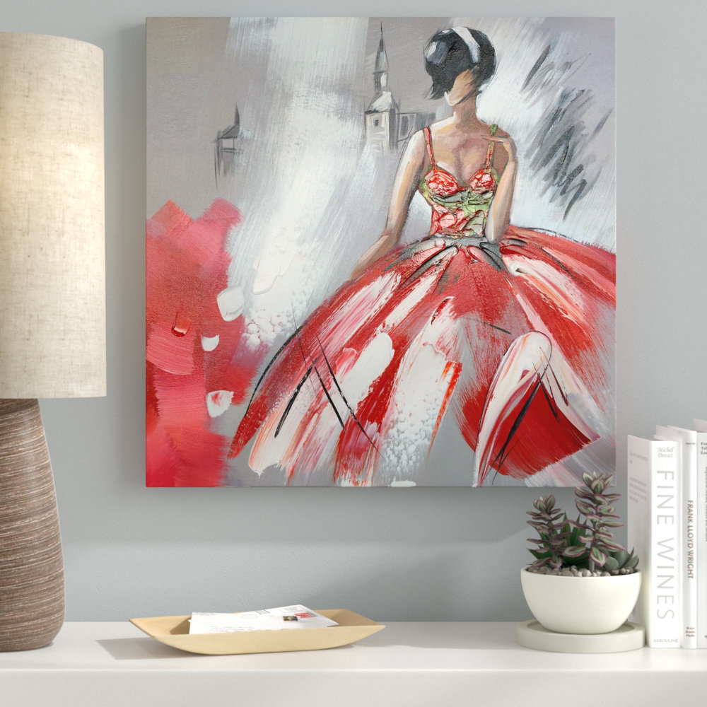Ebern Designs 'Dancing Girl in Red Dress II' Oil Painting Print on ...