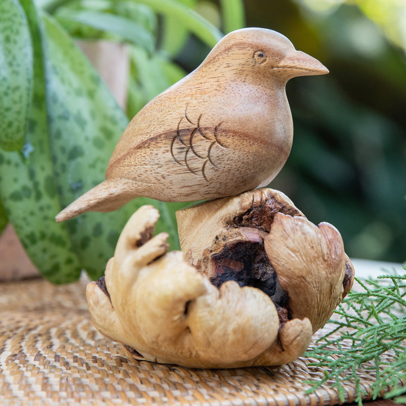 Millwood Pines Handmade Single Sparrow Wood Sculpture | Wayfair