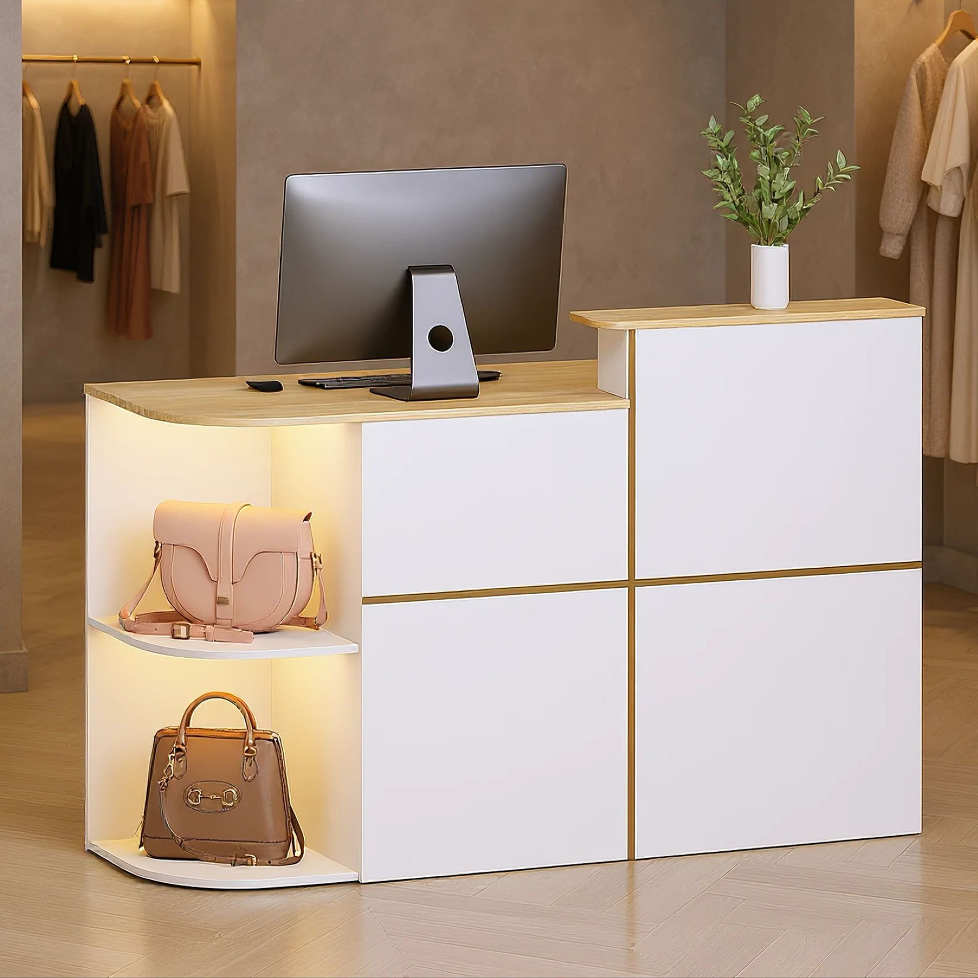 Wrought Studio™ Modern Reception Desk with Open Shelving, Lockable ...