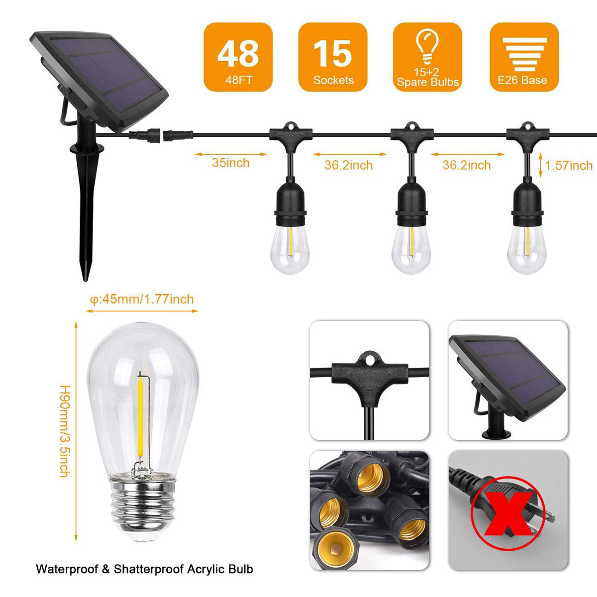 Arlmont & Co. Keirstan 48FT Solar Powered Outdoor String Lights with 15 ...