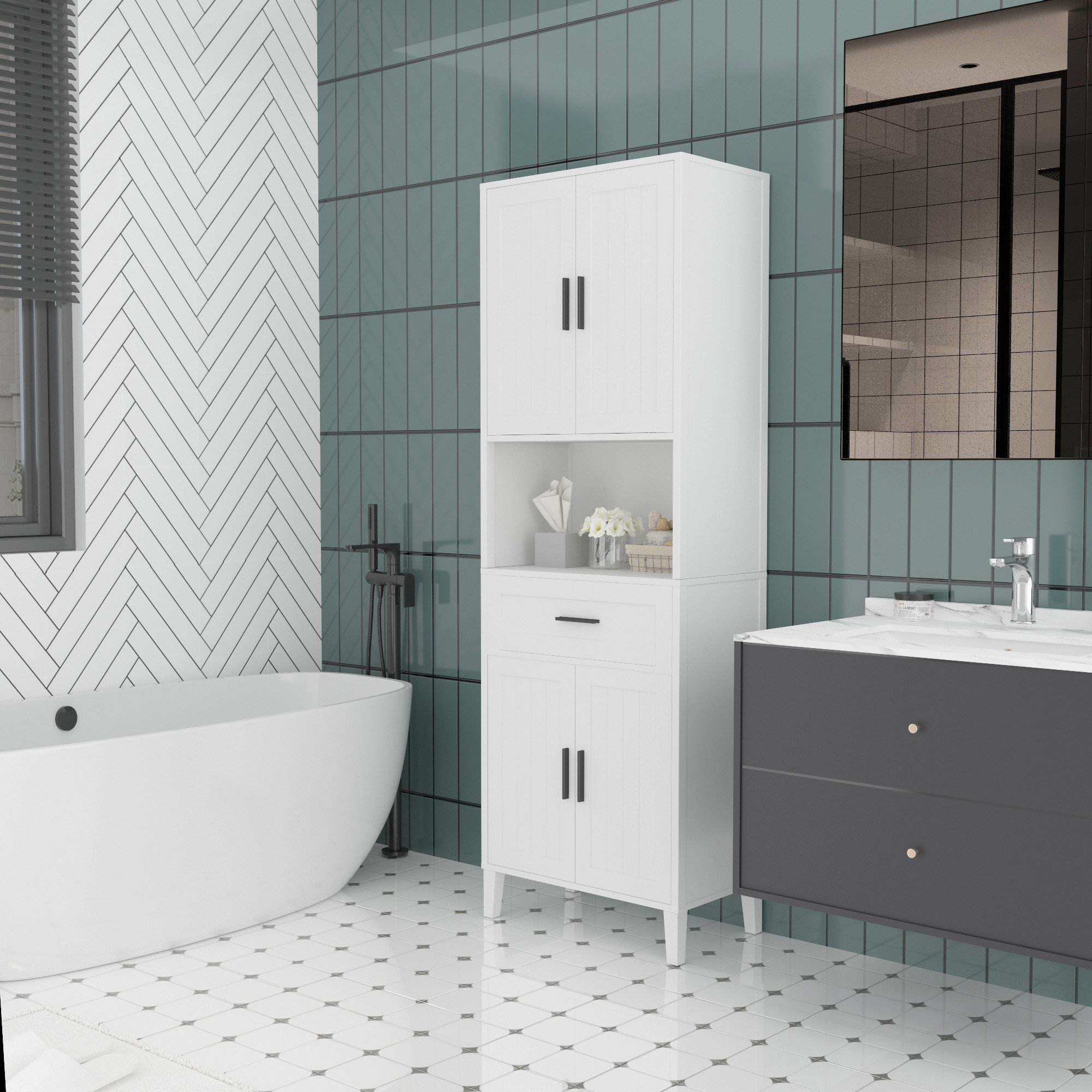 Hokku Designs Bathroom Cabinet With Drawer, 2 Cabinets And Open Storage ...