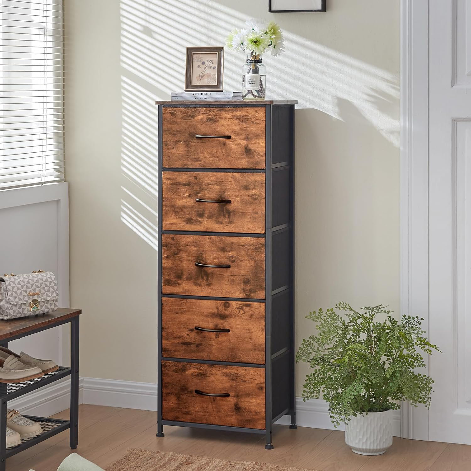 17 Stories 5-Drawer Tall Dresser With Fabric Bins - Wood Grain Finish ...