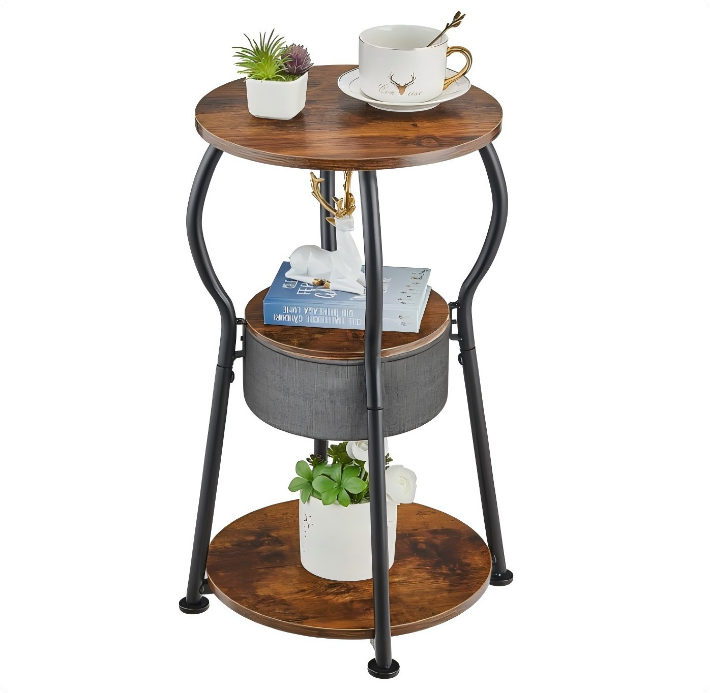 George Oliver Small Round Side Table With Storage Bag, 3-Tier Accent ...