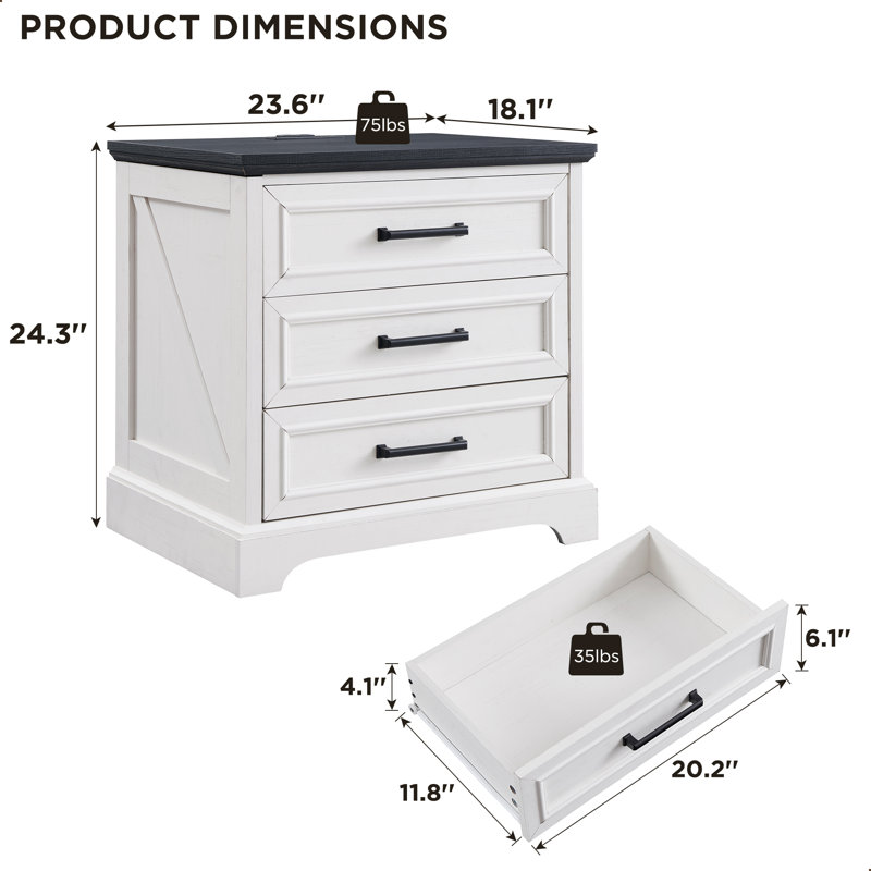 Gracie Oaks Brexleigh 3-Drawer Nightstand With USB and Electrical ...