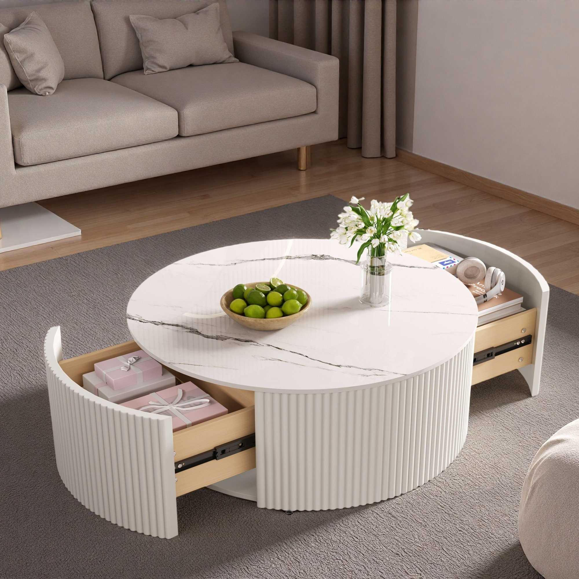 Latitude Run® Modern Round Movable Coffee Table With Casters, 2 Drawers ...