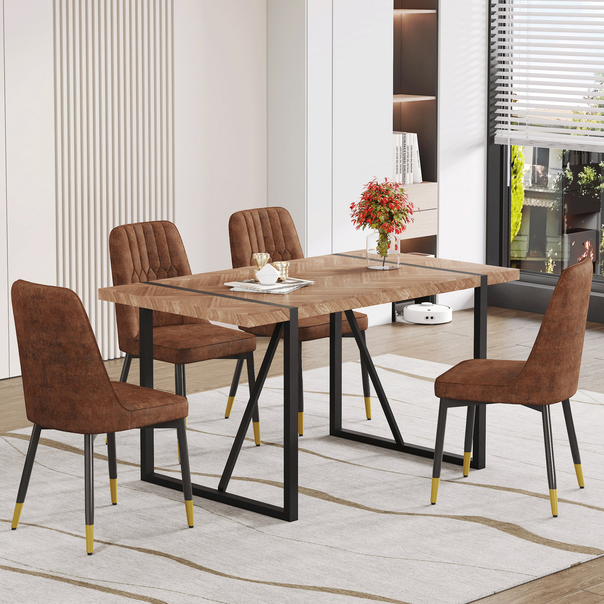 17 Stories Minimalist Retro Dining Set With Fishbone Pattern Tabletop ...