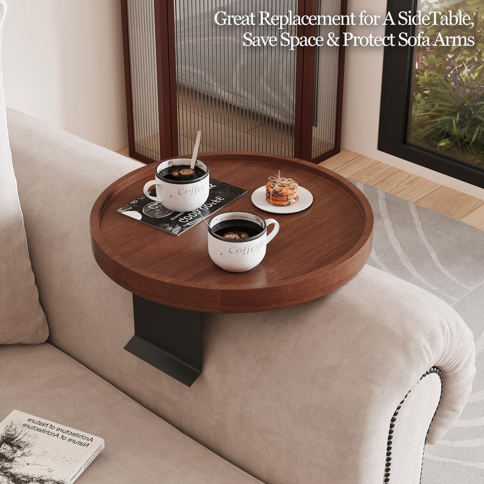 Latitude Run® Natural Wood Couch Arm Table,Adjustable Round Couch Arm ...