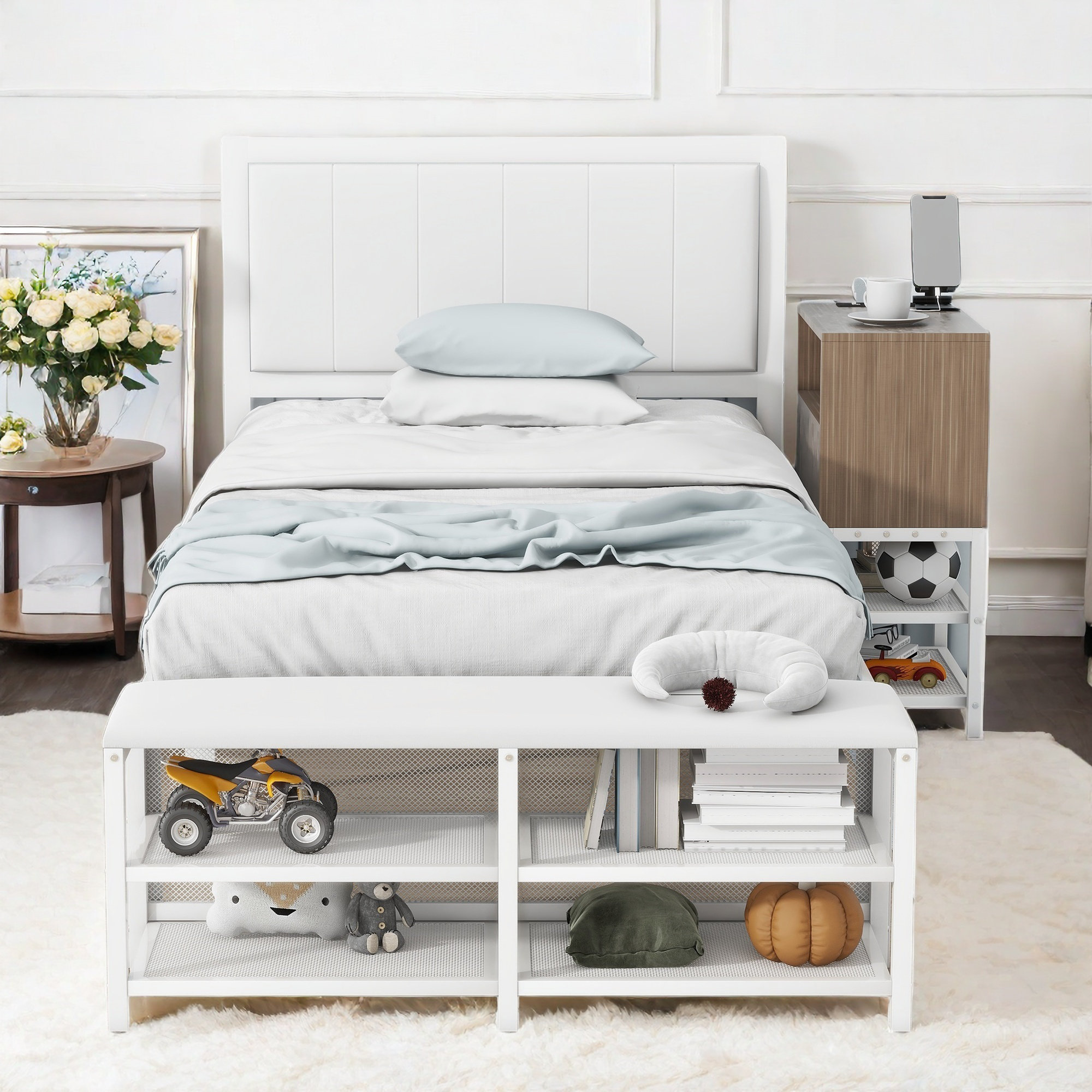 Ebern Designs Metal Platform Bed With Cushioned Footrest With Two-tier ...