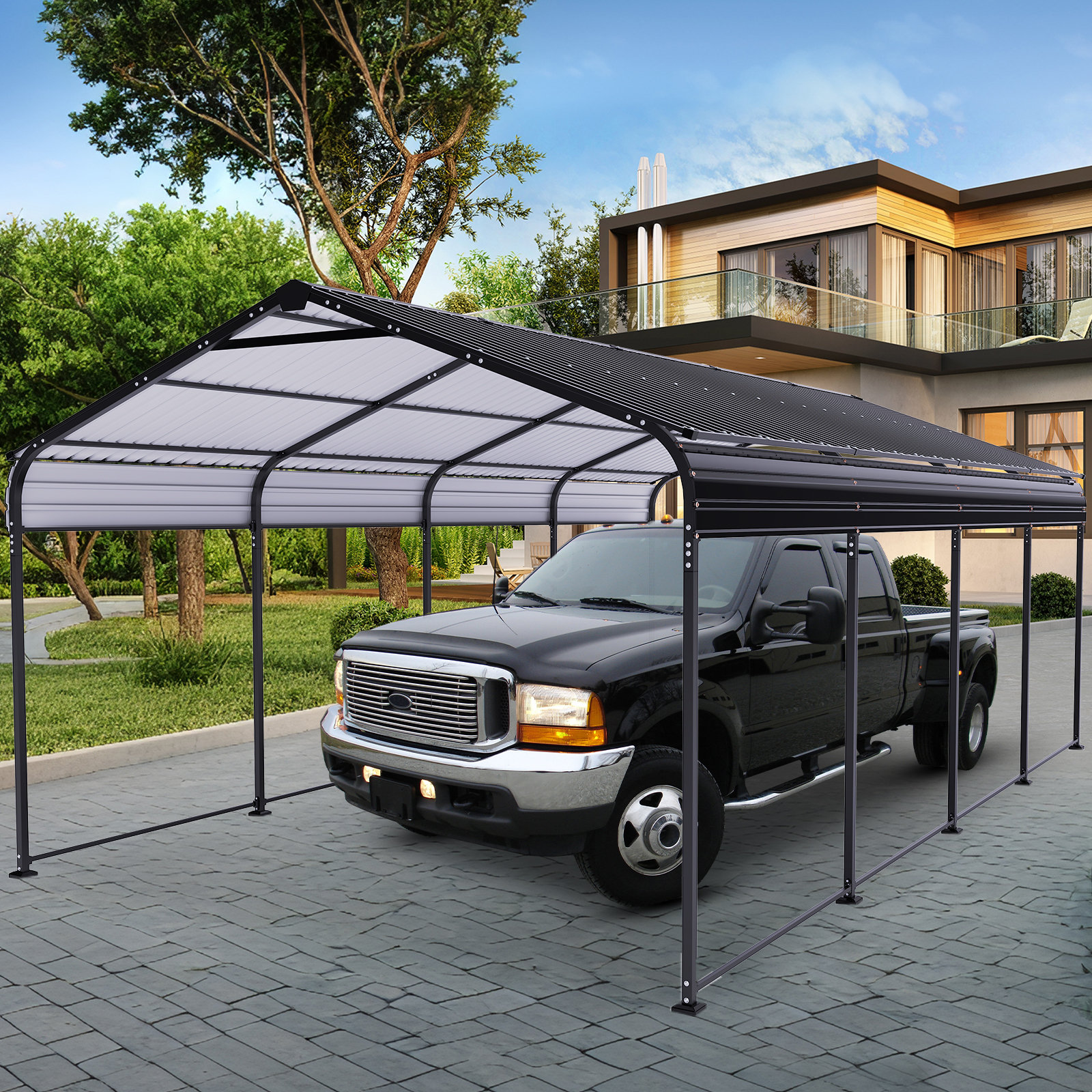 HOTEEL 12 Ft. W X 20 Ft. D Metal Carport Canopy with Galvanized Steel ...