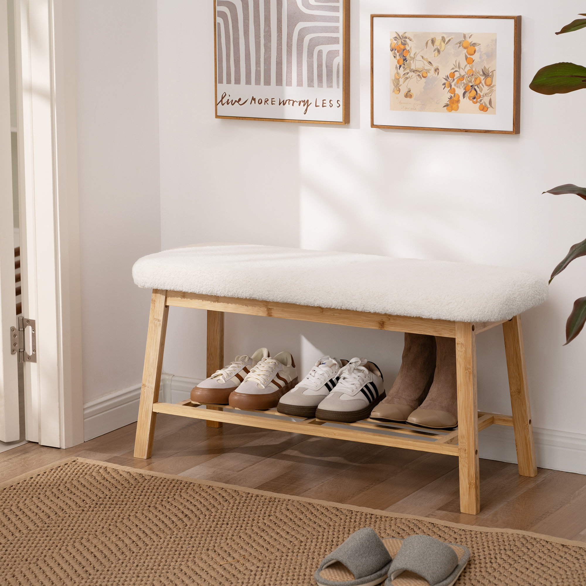 Ebern Designs Tashaunda Shoe Bench with Storage Shelf for Entryway ...