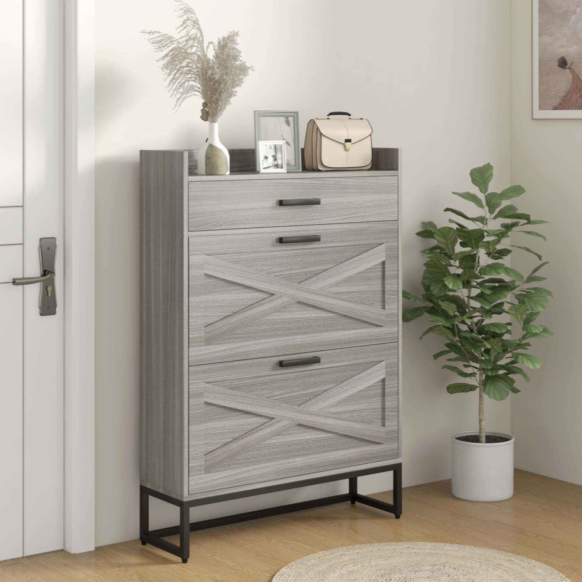 Gracie Oaks Narrow Shoe Cabinet, Industrial Shoe Storage Cabinet With 2 ...