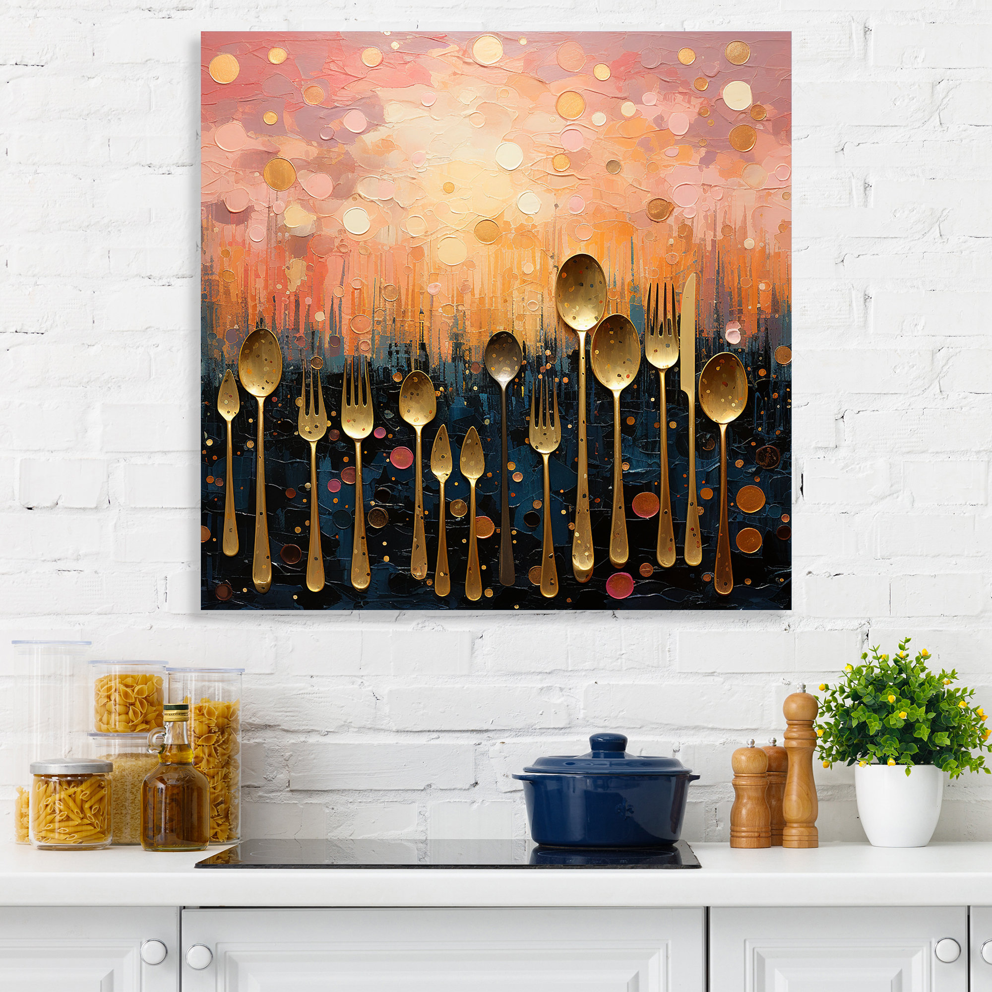 Mercer41 Gold Kitchen Cutlery On Pink Sunrise Collage - Kitchen Wall ...