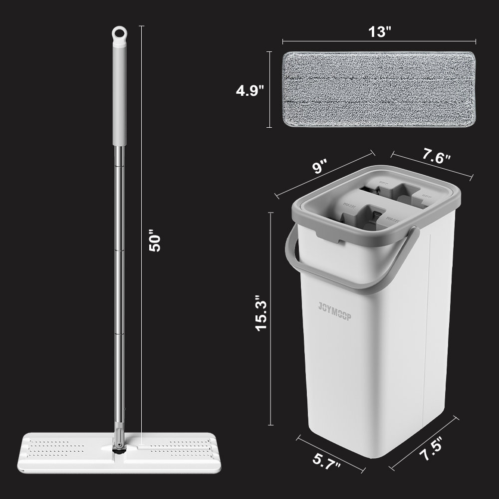 JOYMOOP Flat Squeeze Mop and Bucket Set, with 50" Mop Handle and 8 Grey ...