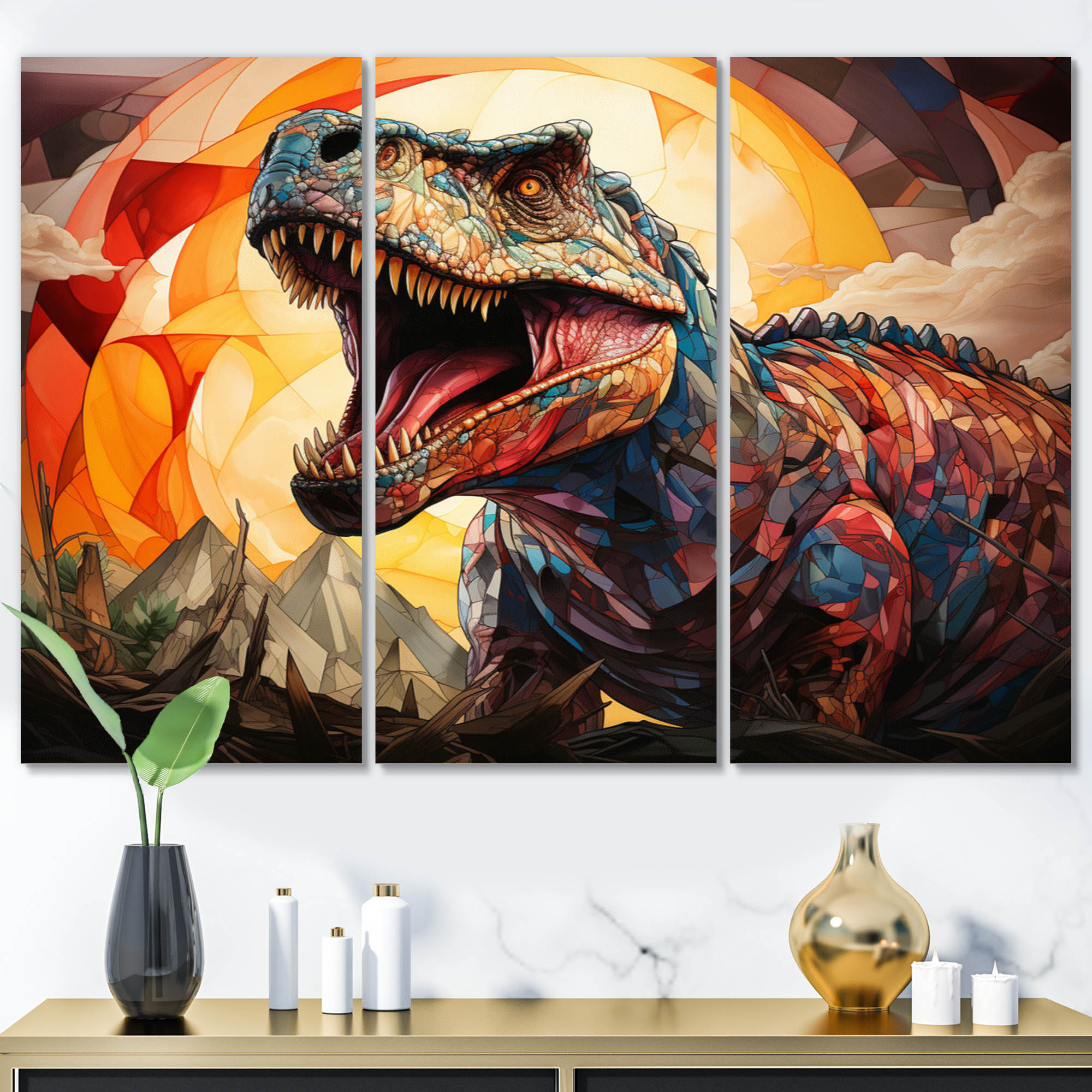 Trinx Dinosaur Prehistoric Legacy Geometric I On Canvas 3 Pieces Print ...