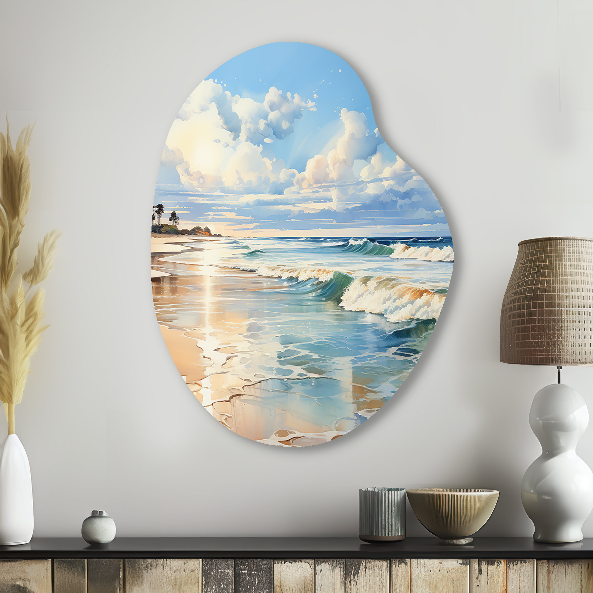 Design Art Beach Photo Seaside Reflections V - Coastal Beach Pear Shape Assymterical Metal Wall ...