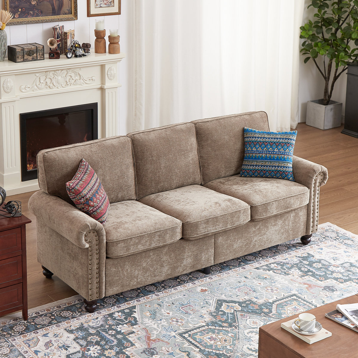 Charlton Home® 81.5" 3 Seat Sofa Couch, Rolled Arm Sofas With Nailhead ...