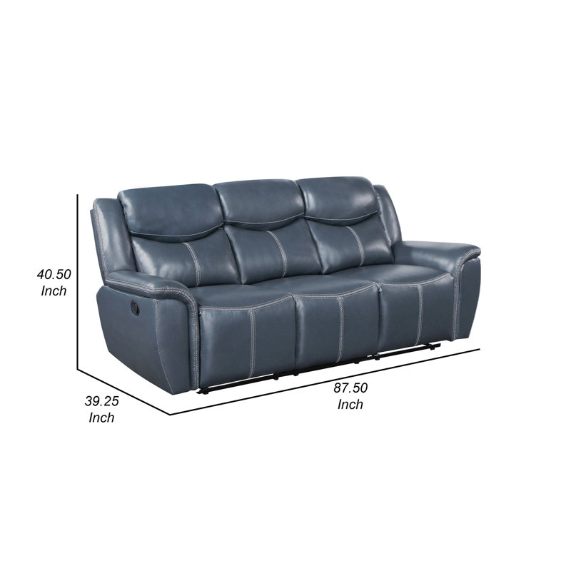 Benjara Eleni Manual Recliner Sofa, Drop Down Table, Blue Faux Leather ...