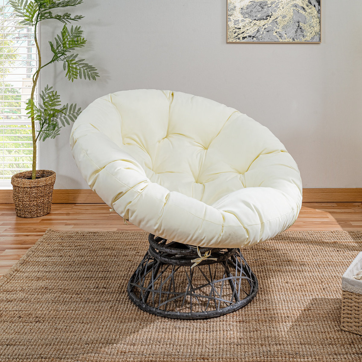 Dakota Fields Wicker Papasan Chair with Oversized Cushion & Swivel Base ...