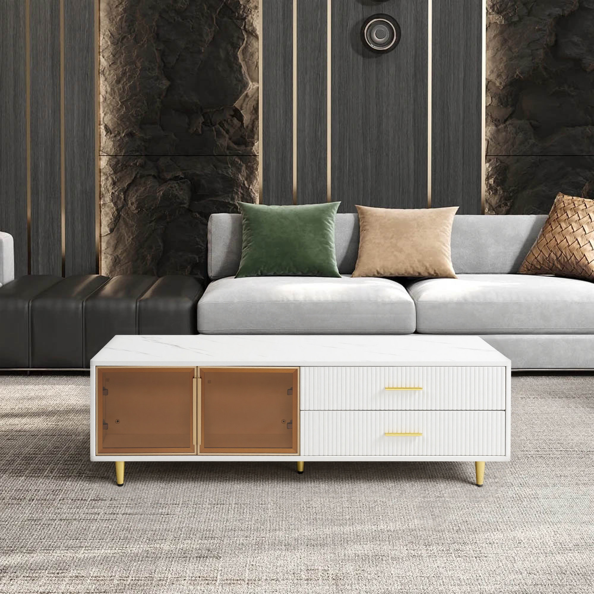 Mercer41 Modern Coffee Table - Marble White w/ RGB Lights & Storage (47 ...