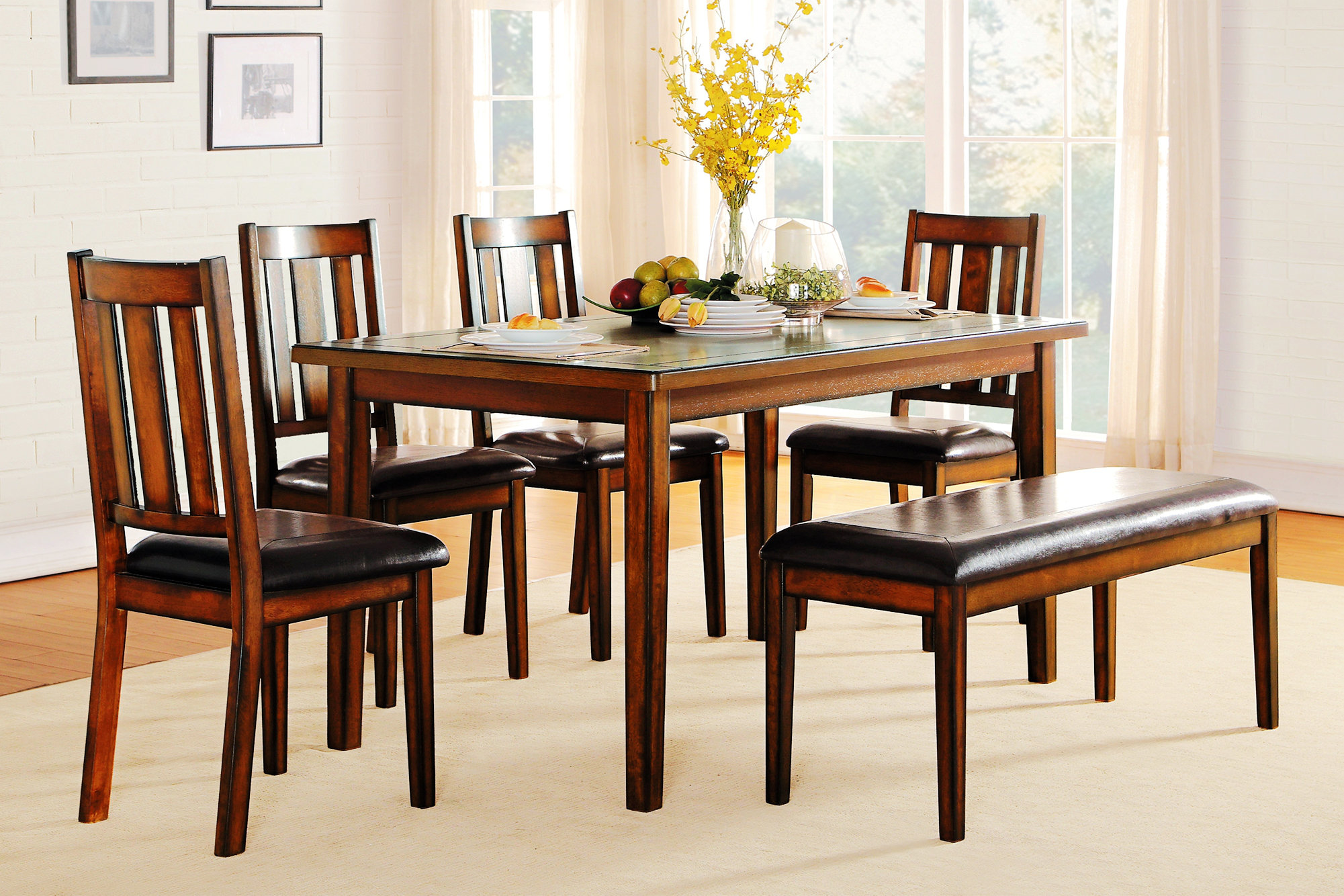 Red Barrel Studio® Solid Dining Set Tabe Bench and 4 Chairs Set Faux ...