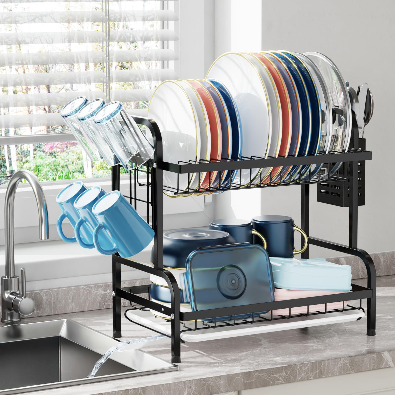 COAHAHA 2-Tier Black Metal Dish Drainer With Cup Holder - Space-Saving ...