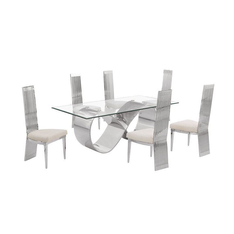 Orren Ellis High Class Dining Set With Clear Glass Table And Stainless ...