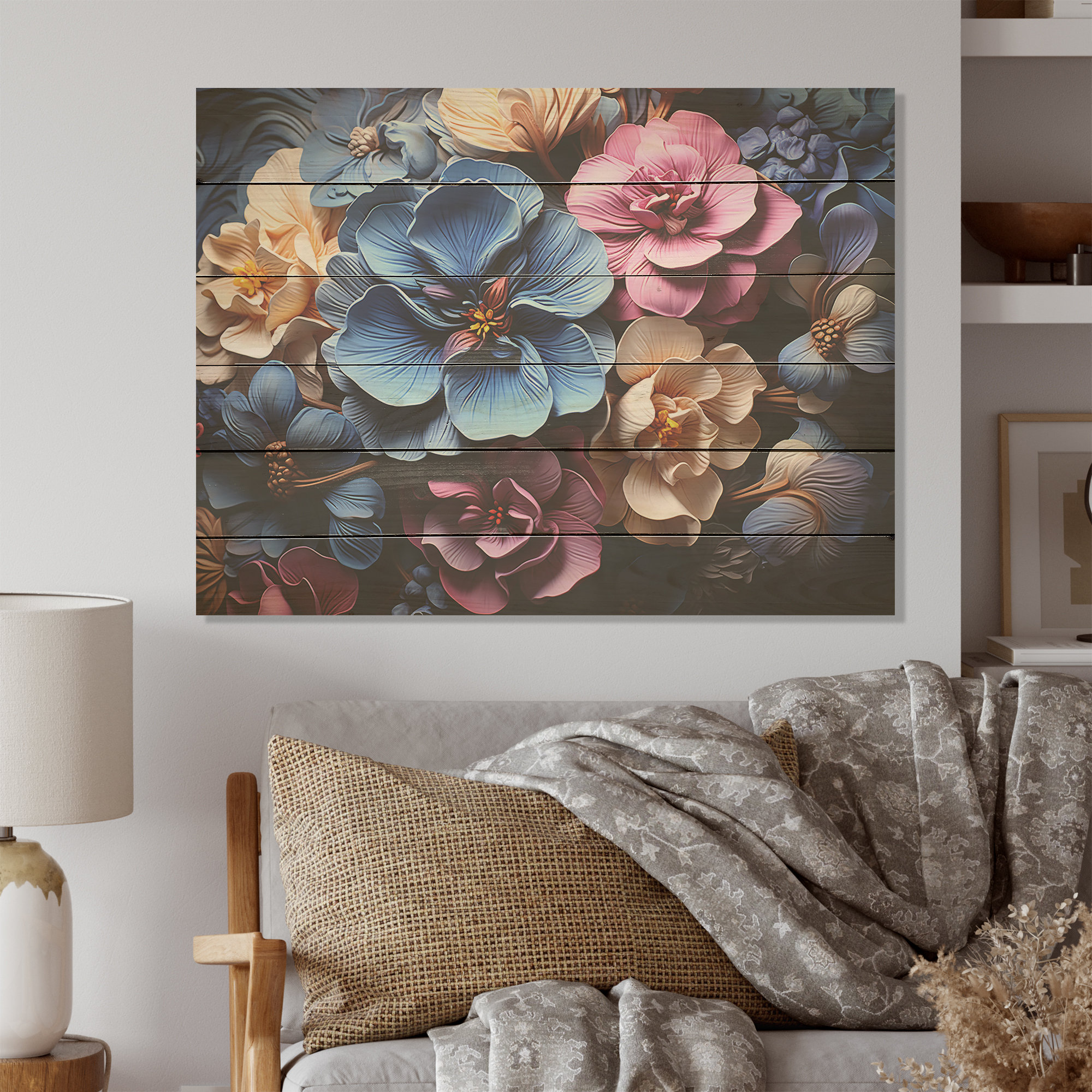 Lark Manor™ Nocturnal Pansy Elegance - Pansies Wood Art On Natural Pine Wood | Wayfair