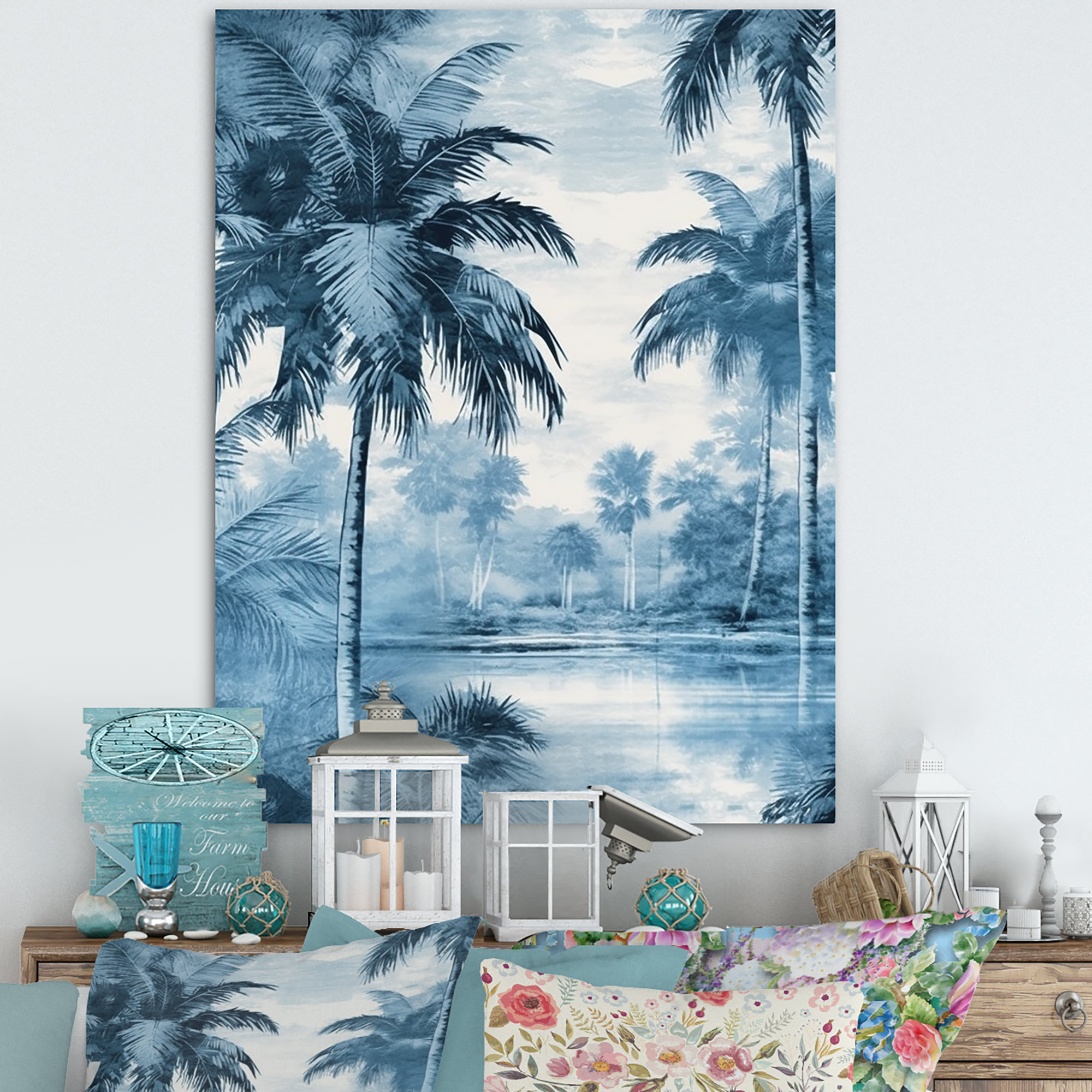 Wrought Studio Vintage Blue Palm Trees Shadows I - Palms & Palm Trees ...