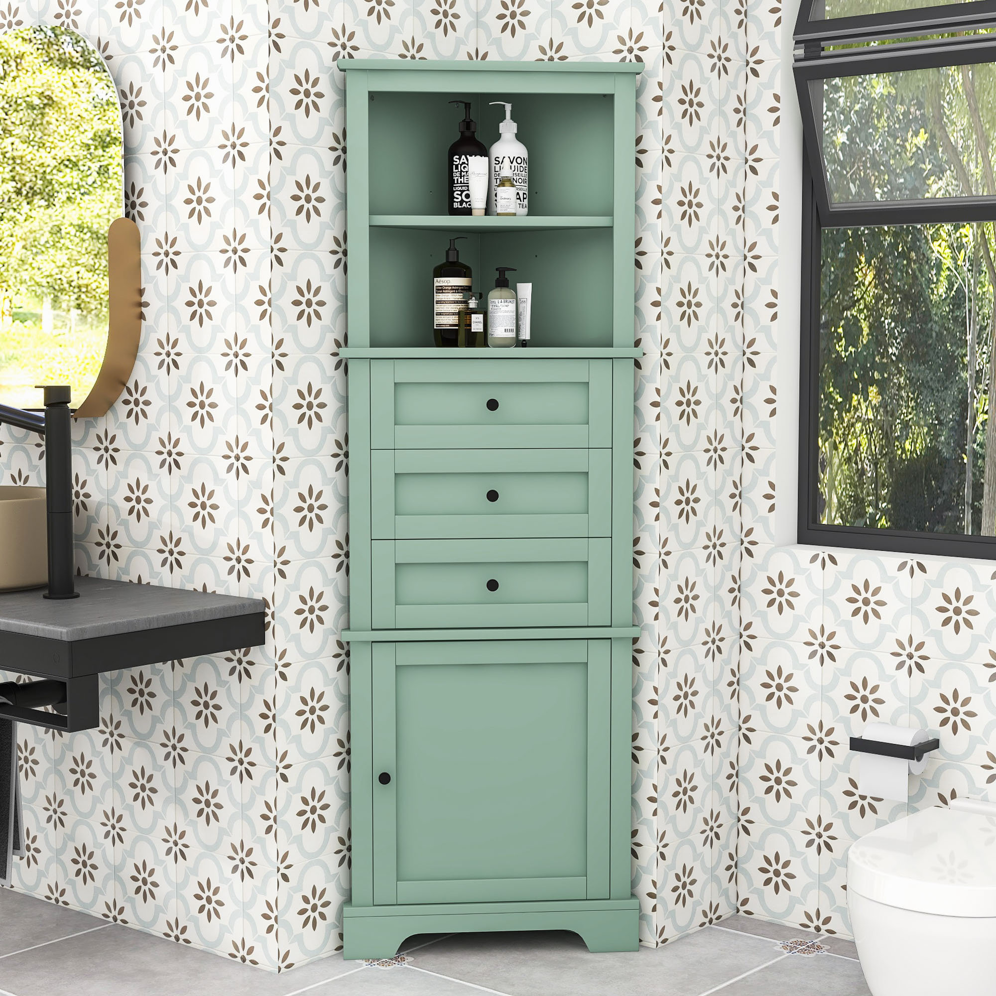 Rebrilliant Triangle Bathroom Corner Cabinet with Adjustable Shelves, 3 ...
