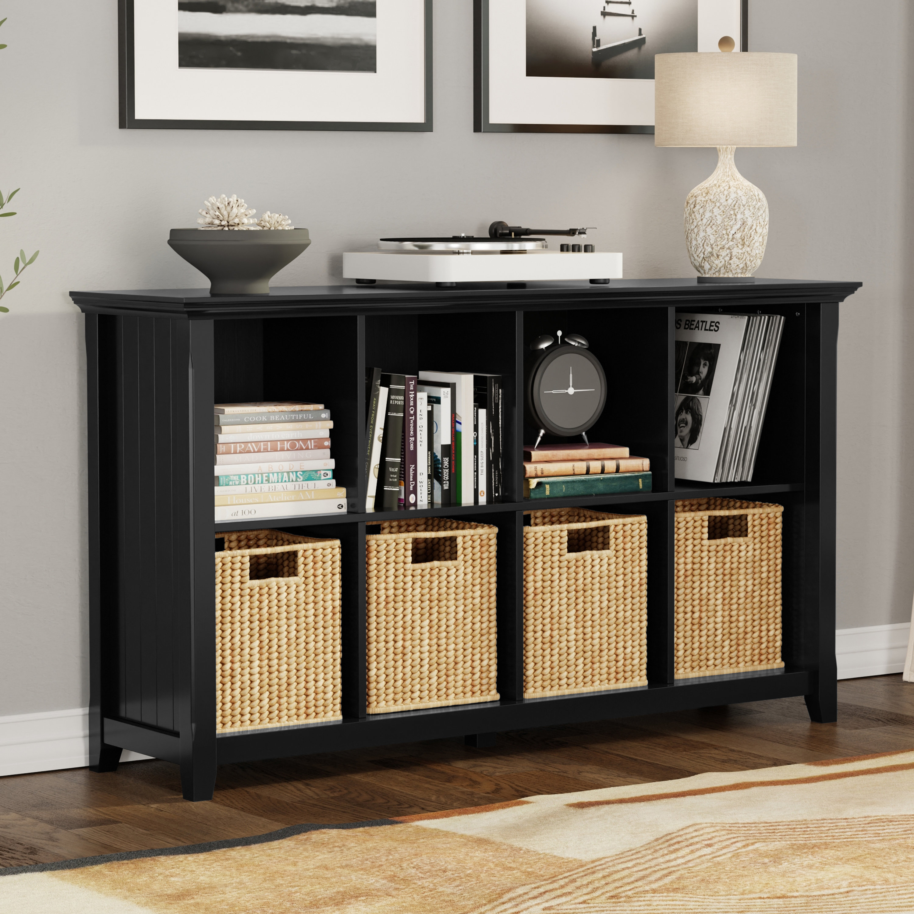 Simpli Home Acadian 57"W Solid Wood Storage Console Table with 8 Cube ...