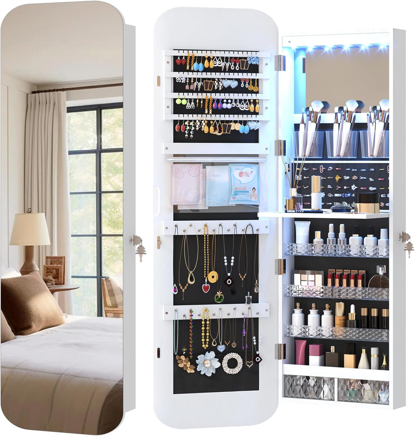 Orren Ellis 47.2" LED Jewellery Cabinet - Wall Mounted or Door Hanging ...