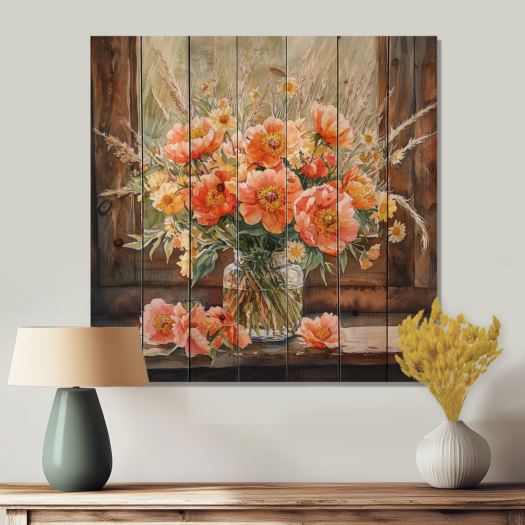 Ophelia & Co. Wild Peony Bouquet At The Farm II - Peonies Wood Wall Decor - On Natural Pine Wood ...