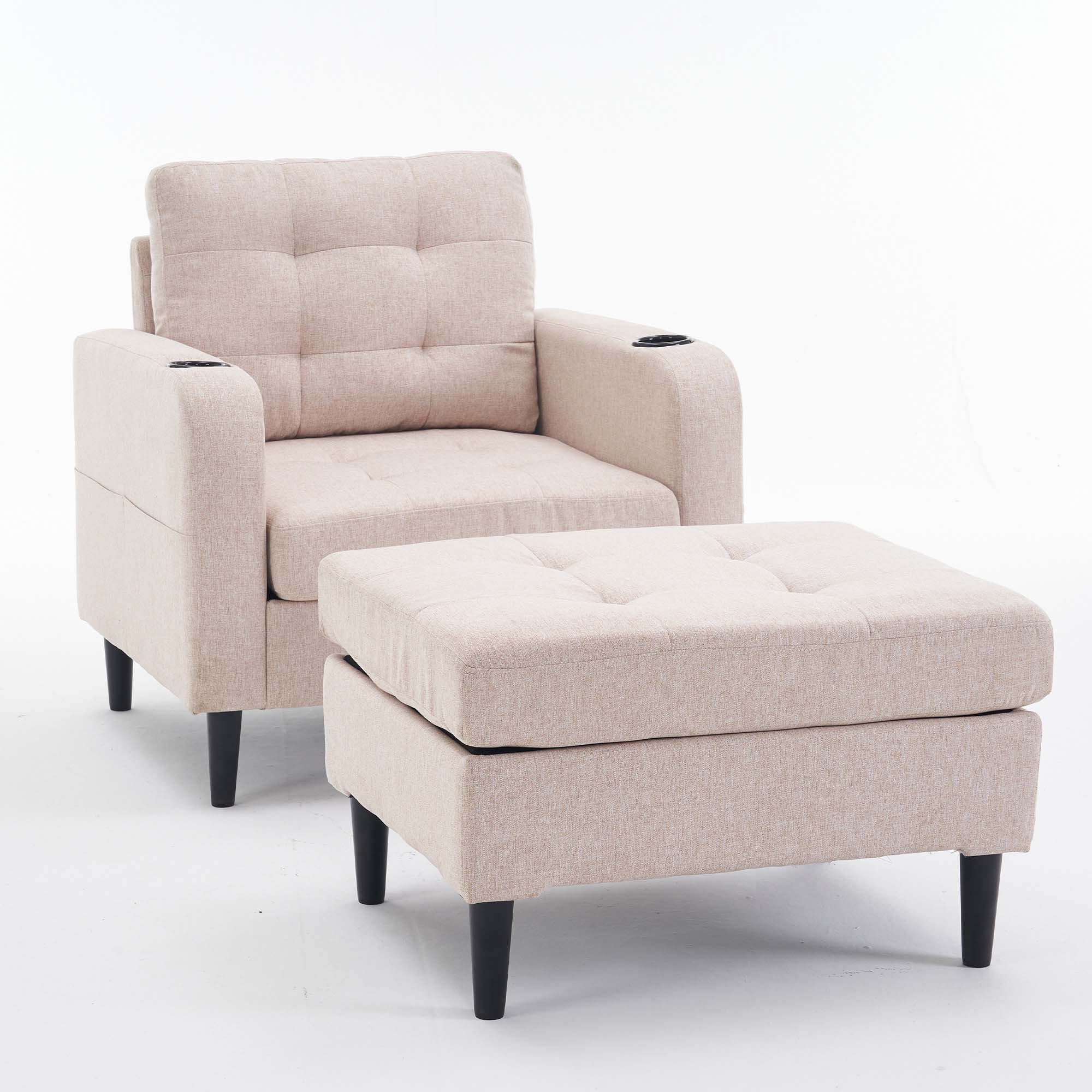 Mercer41 Upholstered Armchair And Storage Ottoman Set - Comfortable Single Sofa With Cup Holders ...