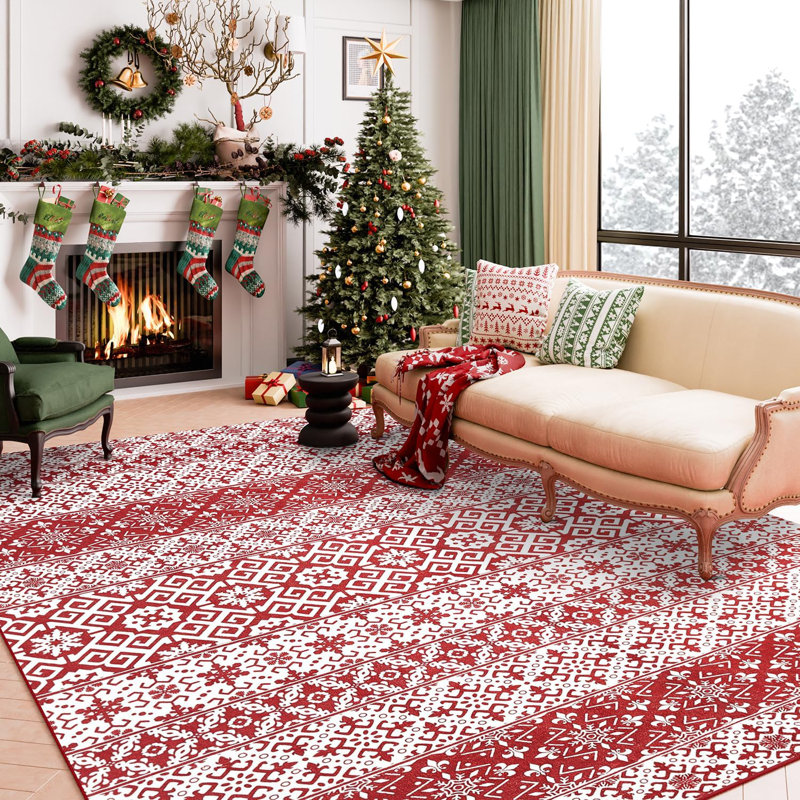 The Holiday Aisle® Christmas Area Rug 5X7 Red Snowflake Holiday ...