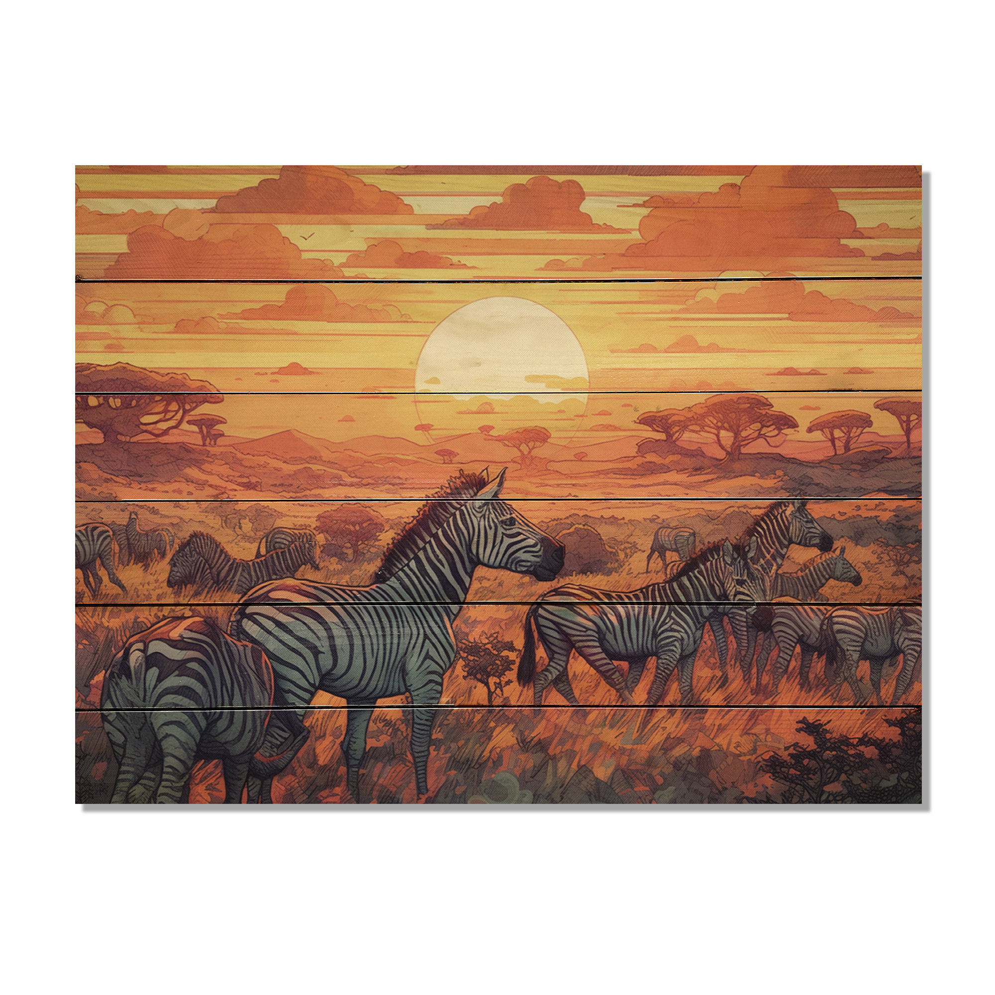Bungalow Rose Byerly Orange African Safari With Zebras On Wood Print ...