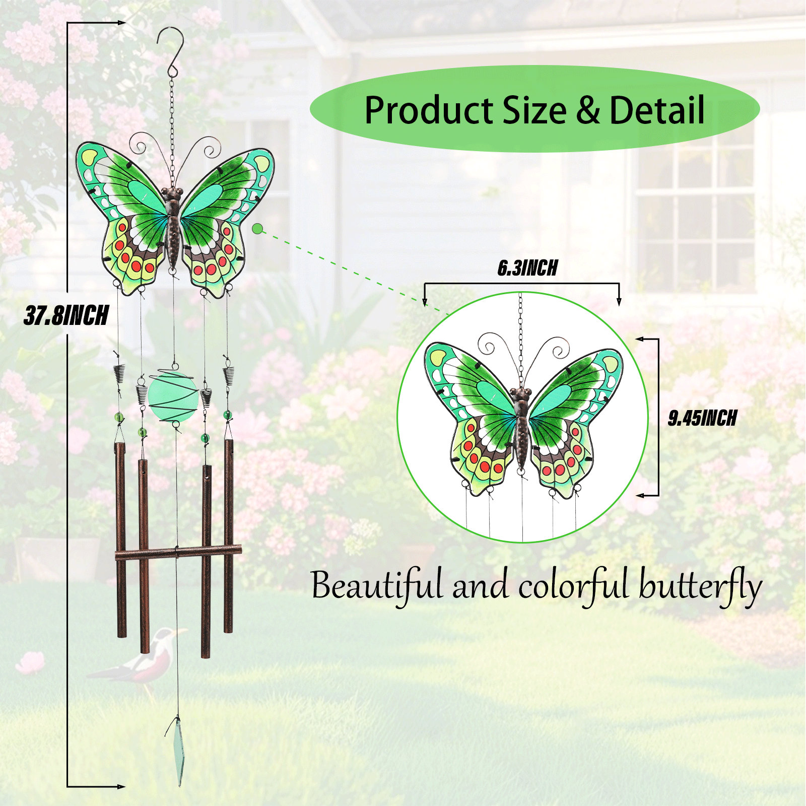 August Grove Outdoor Wind Chimes, Metal Wind Chimes, Green Butterfly ...