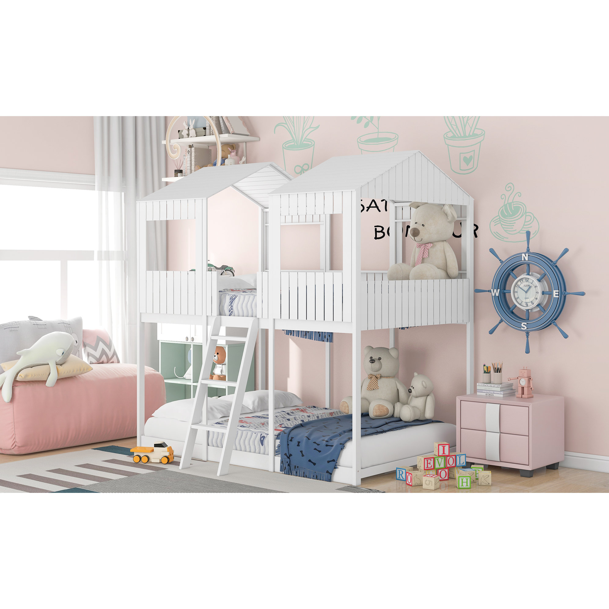 Latitude Run® White Full Over Bunk Bed With Design - Includes Roof ...
