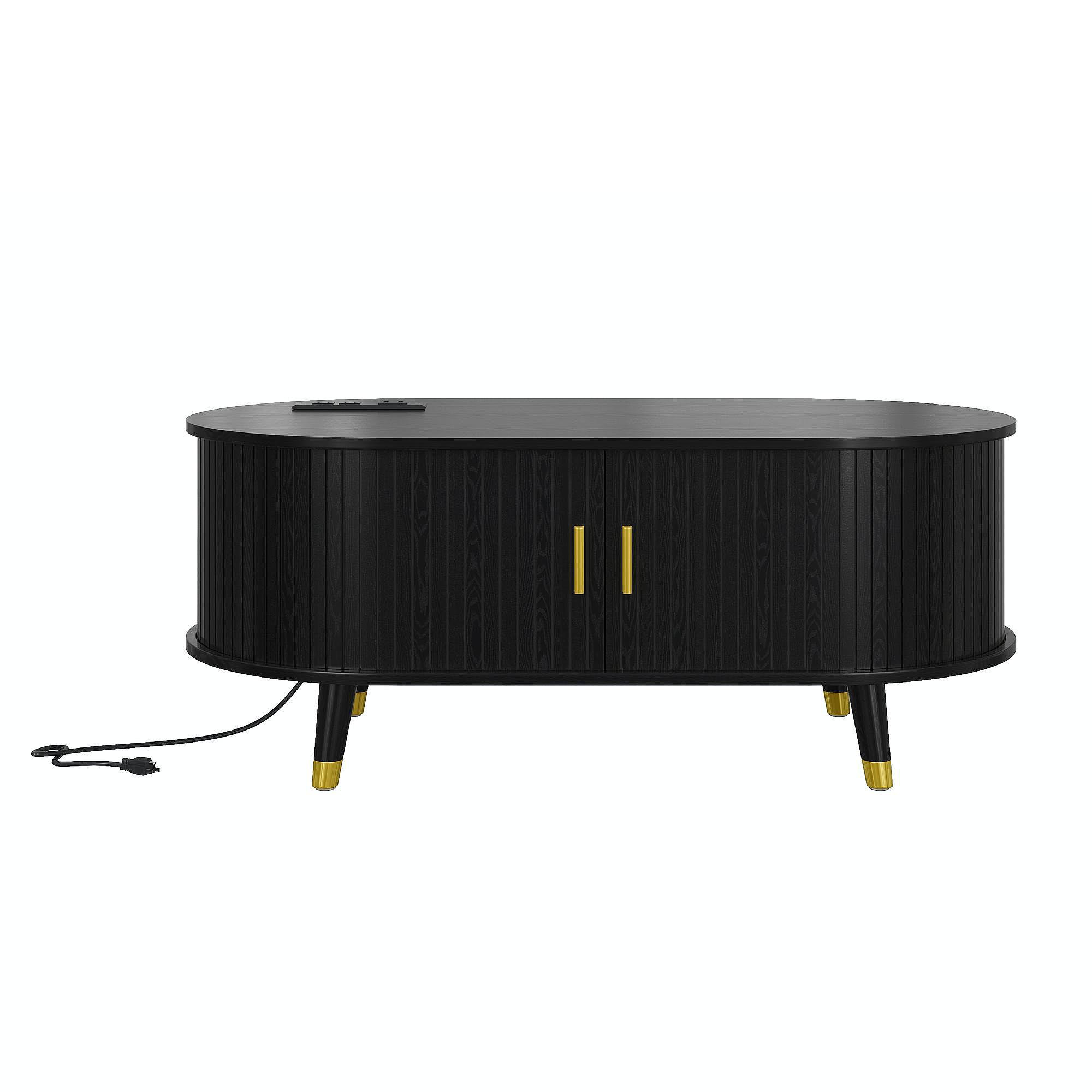 Ivy Bronx 42.5"W Wooden Oval Fluted Coffee Table With Charging Station ...