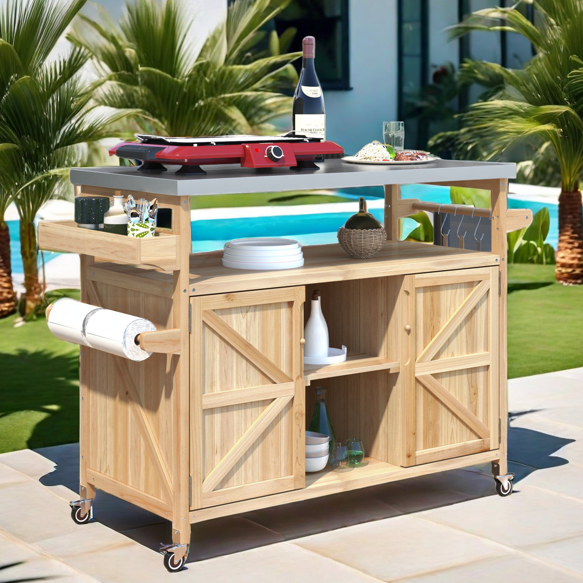 Gracie Oaks Leokadia Outdoor Farmhouse Kitchen Island with Stainless ...