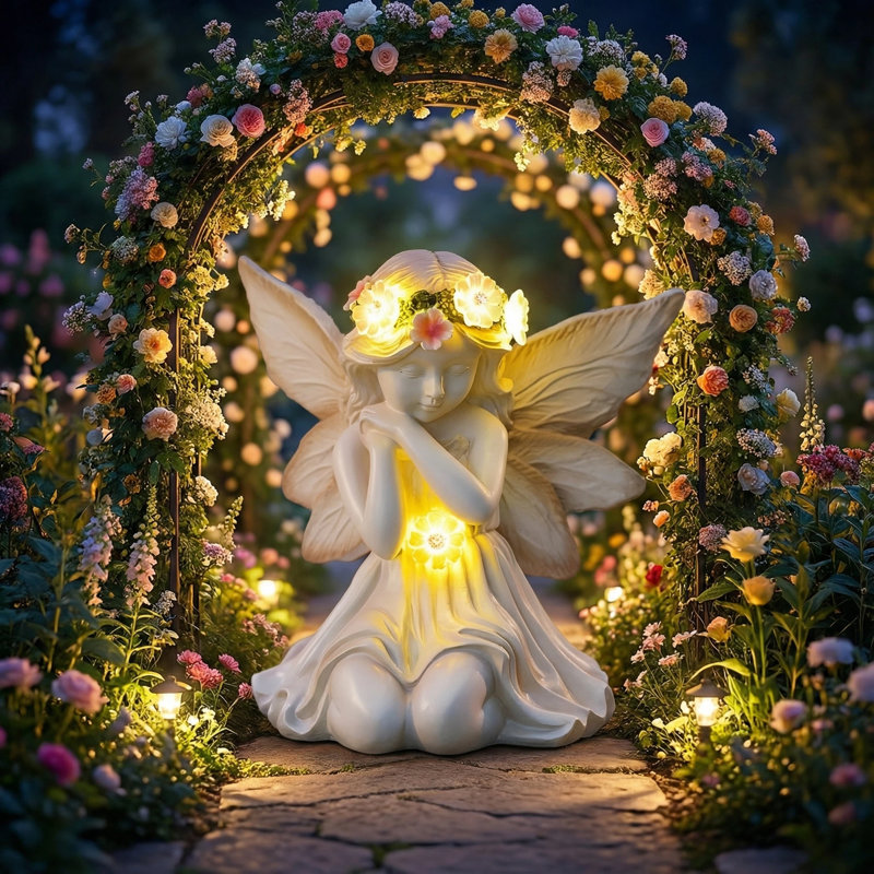 Fleur De Lis Living Angel Garden Statue: White Resin with Flower Crown ...