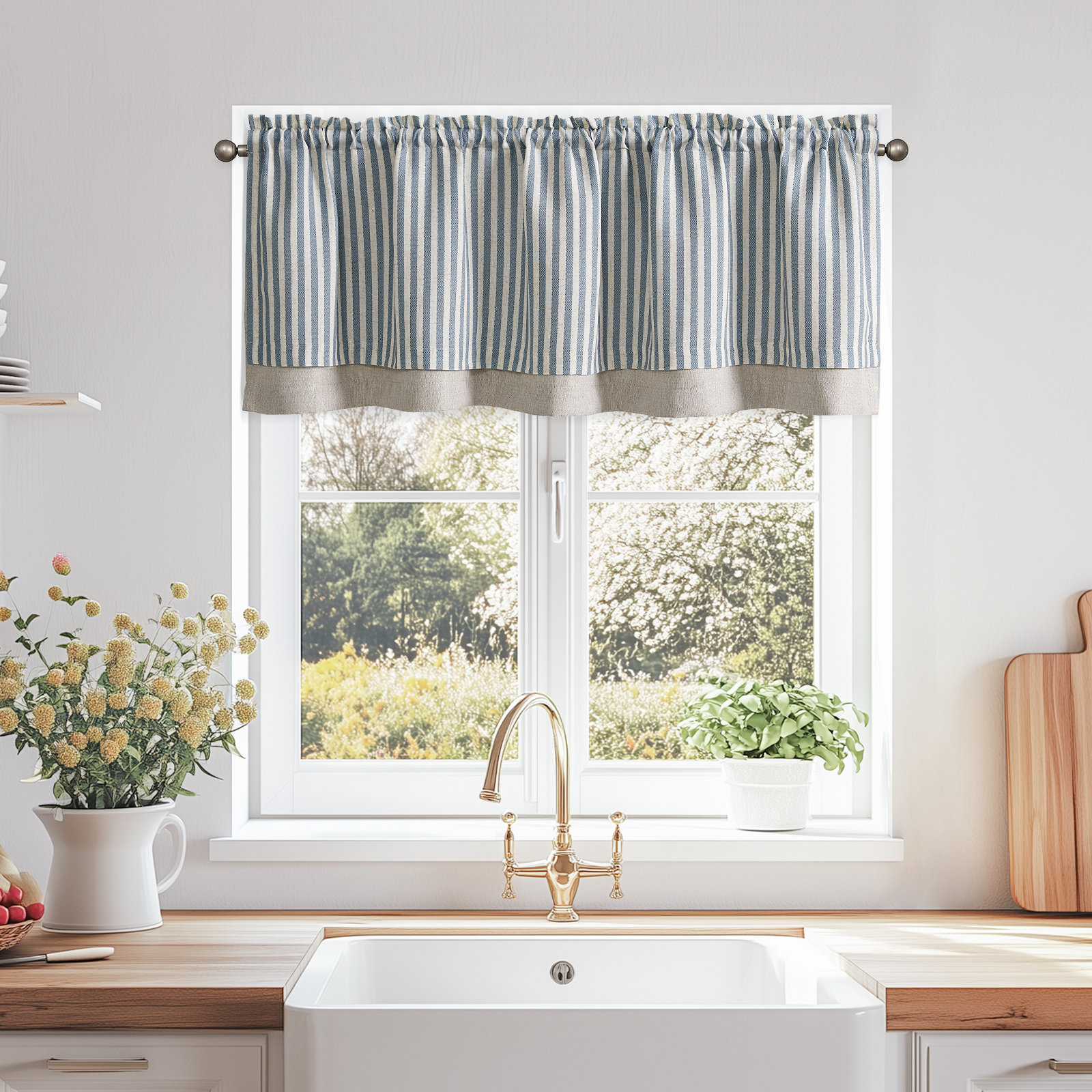 Gracie Oaks Linen Striped Valance for Windows Farmhouse Double Layered ...