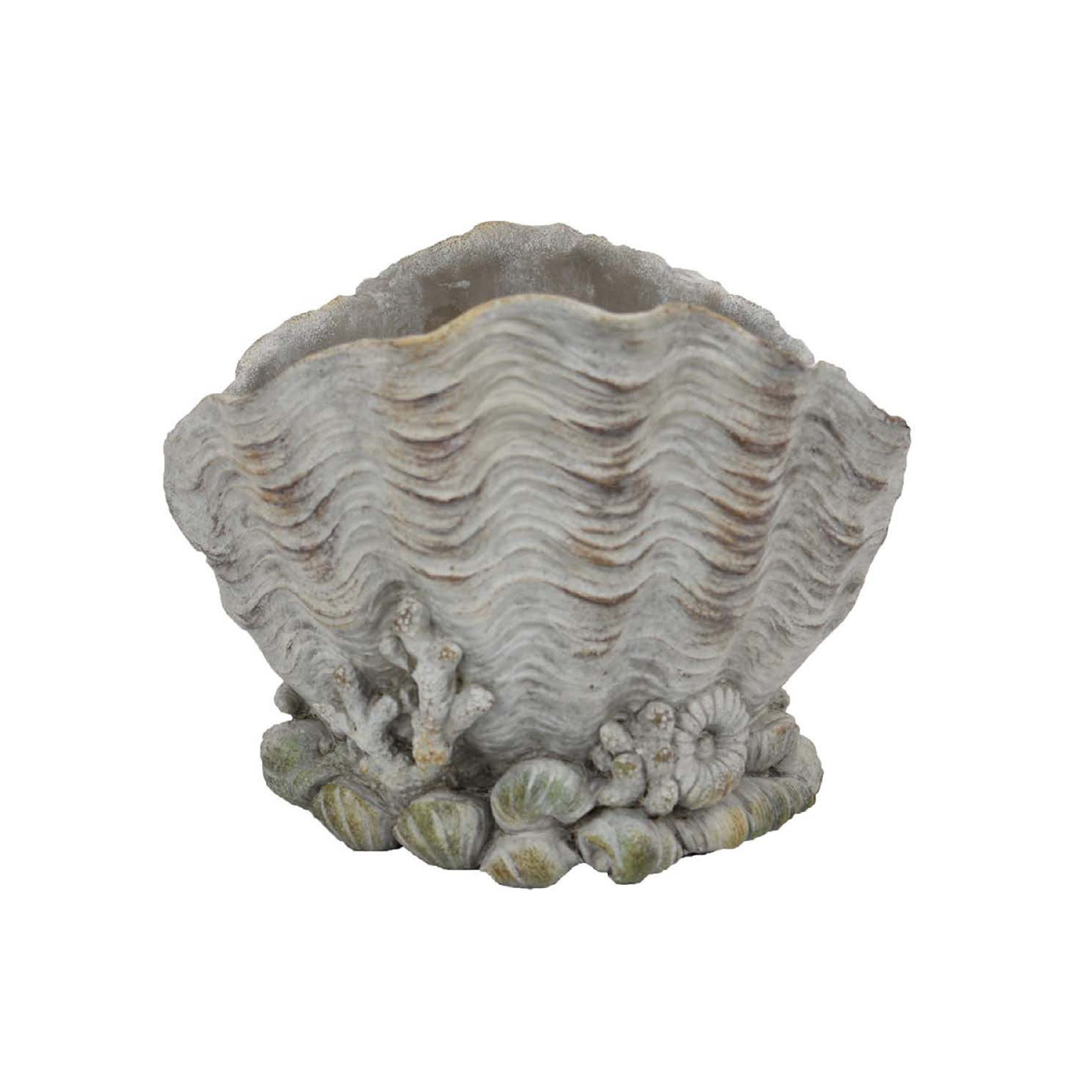 Benjara Coastal Clam Shell Planter W Coral Accents, Weathered Gray ...