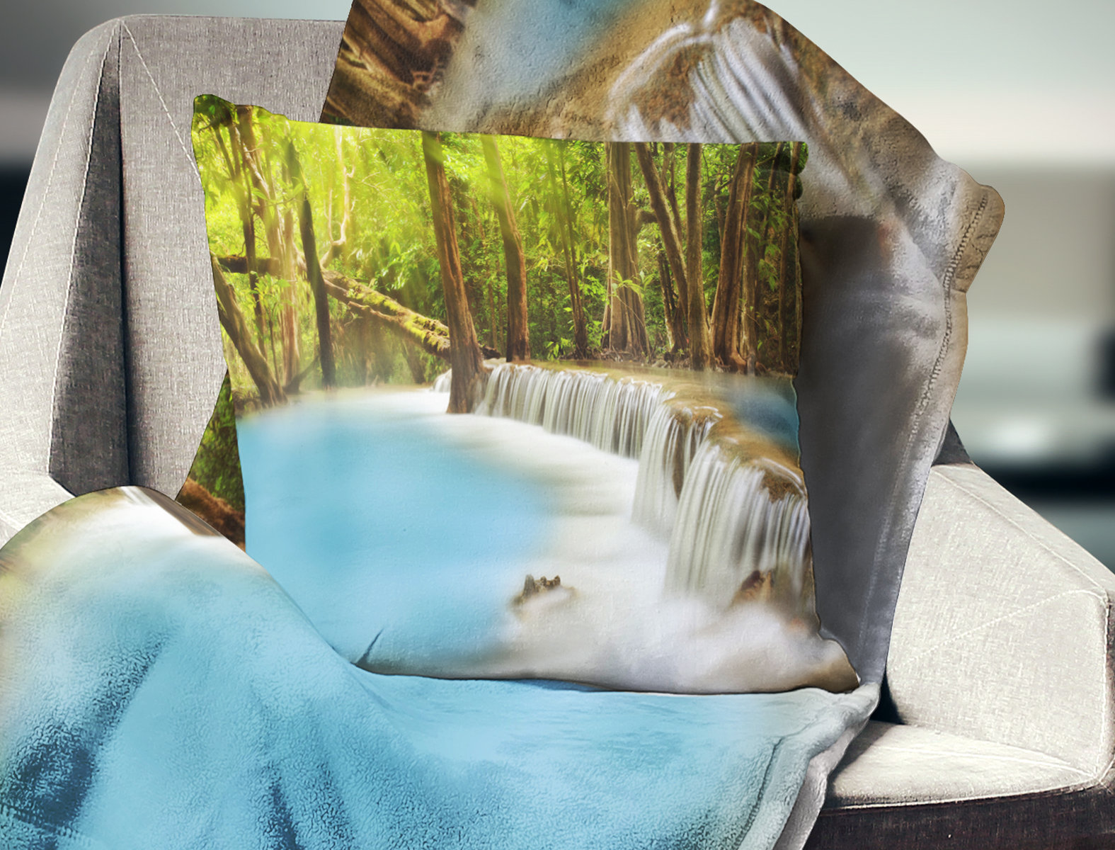 Design Art Huai Mae Kamin Waterfall - Landscape Printed Pillow | Wayfair