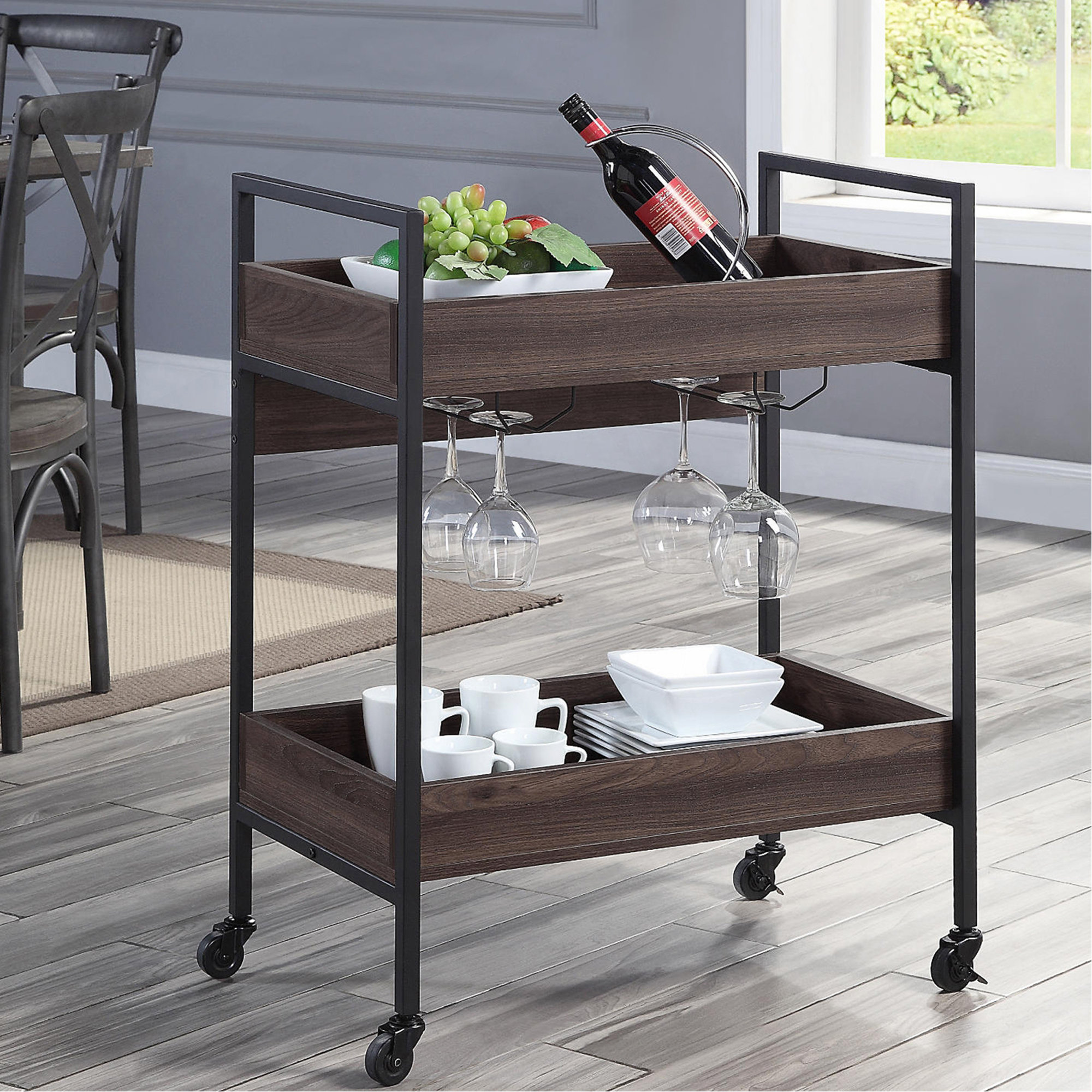Latitude Run® Rectangular Serving Cart With 2 Tier Shelf, Walnut And ...