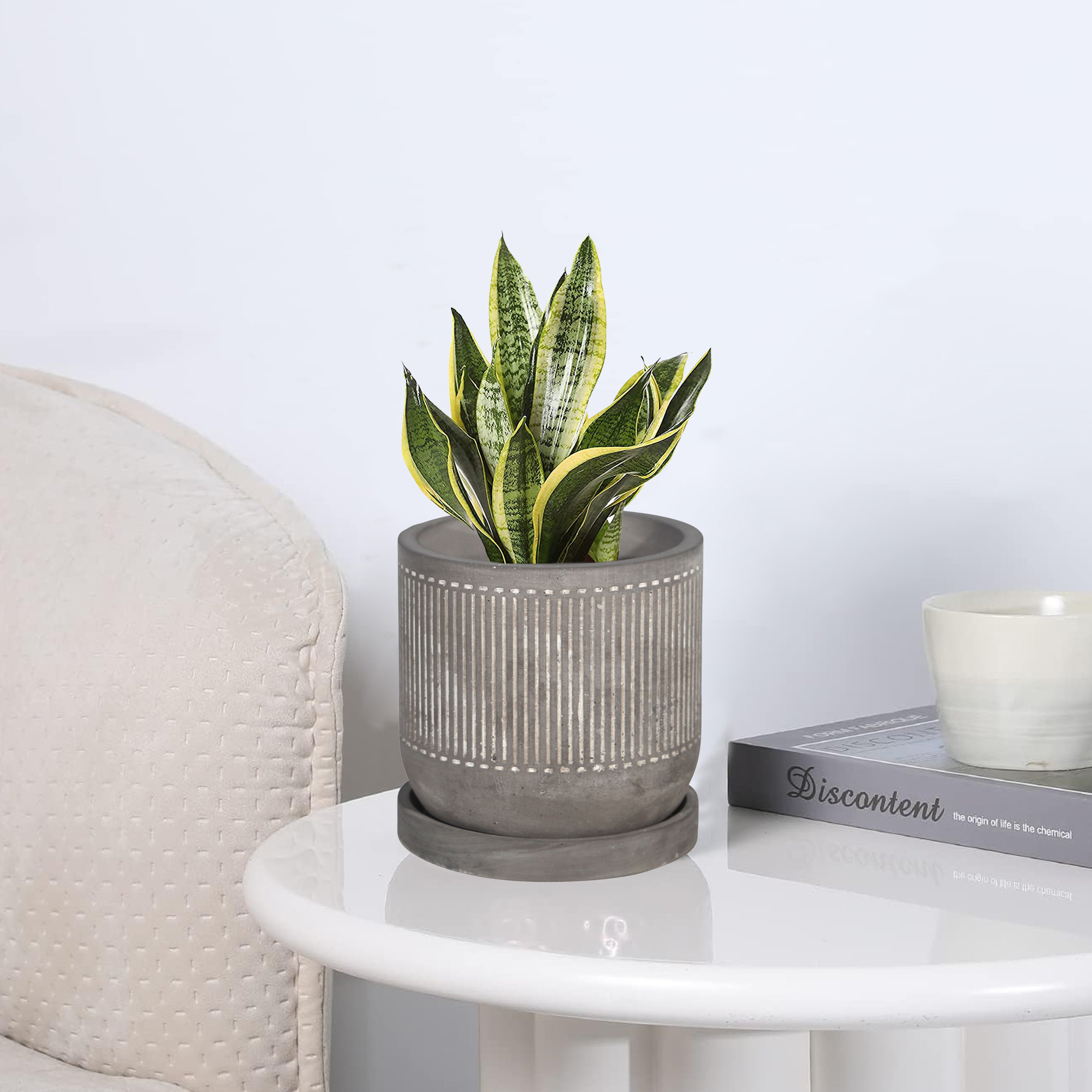 Dakota Fields 6 Inch Line Pattern Cement Planter With Drainage Hole ...