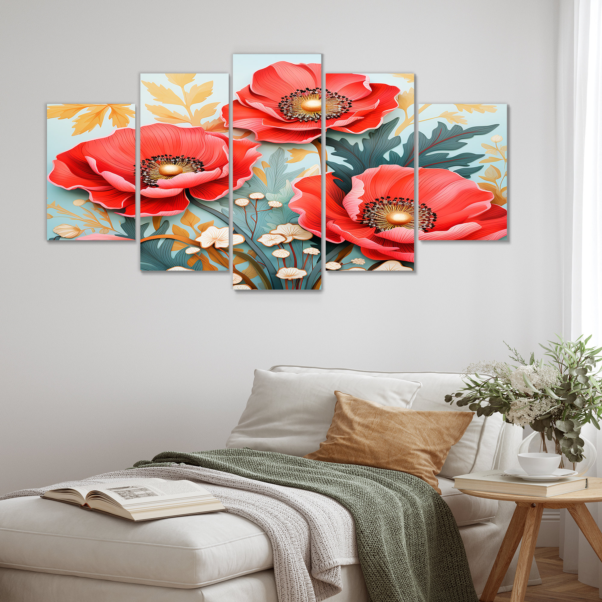 Design Art Red Poppies On Retro Blue - Poppy Wall Art 5 Piece | Wayfair