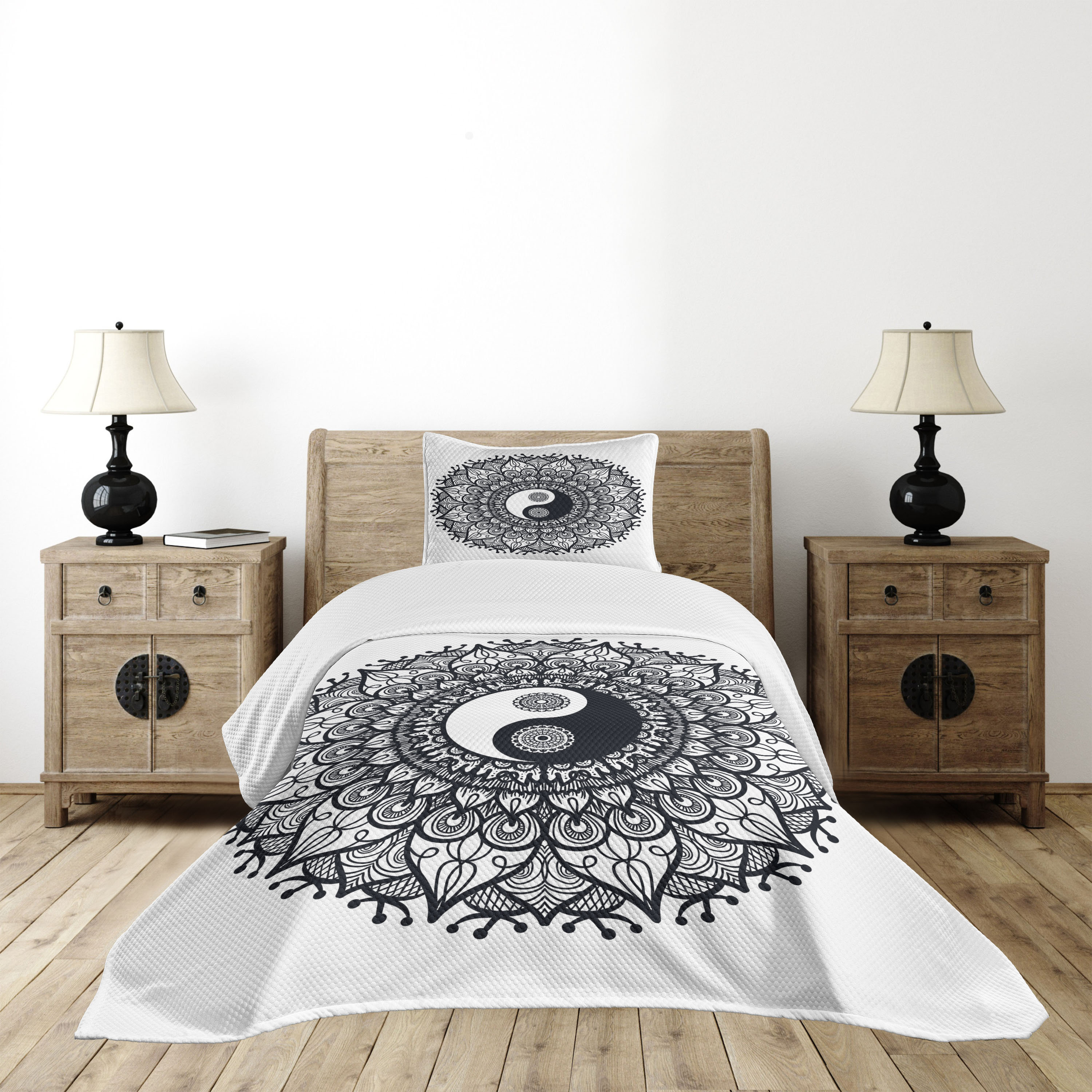 Ambesonne Ying Yang Bedspread Set Bohemian Mendi Art Charcoal Grey ...
