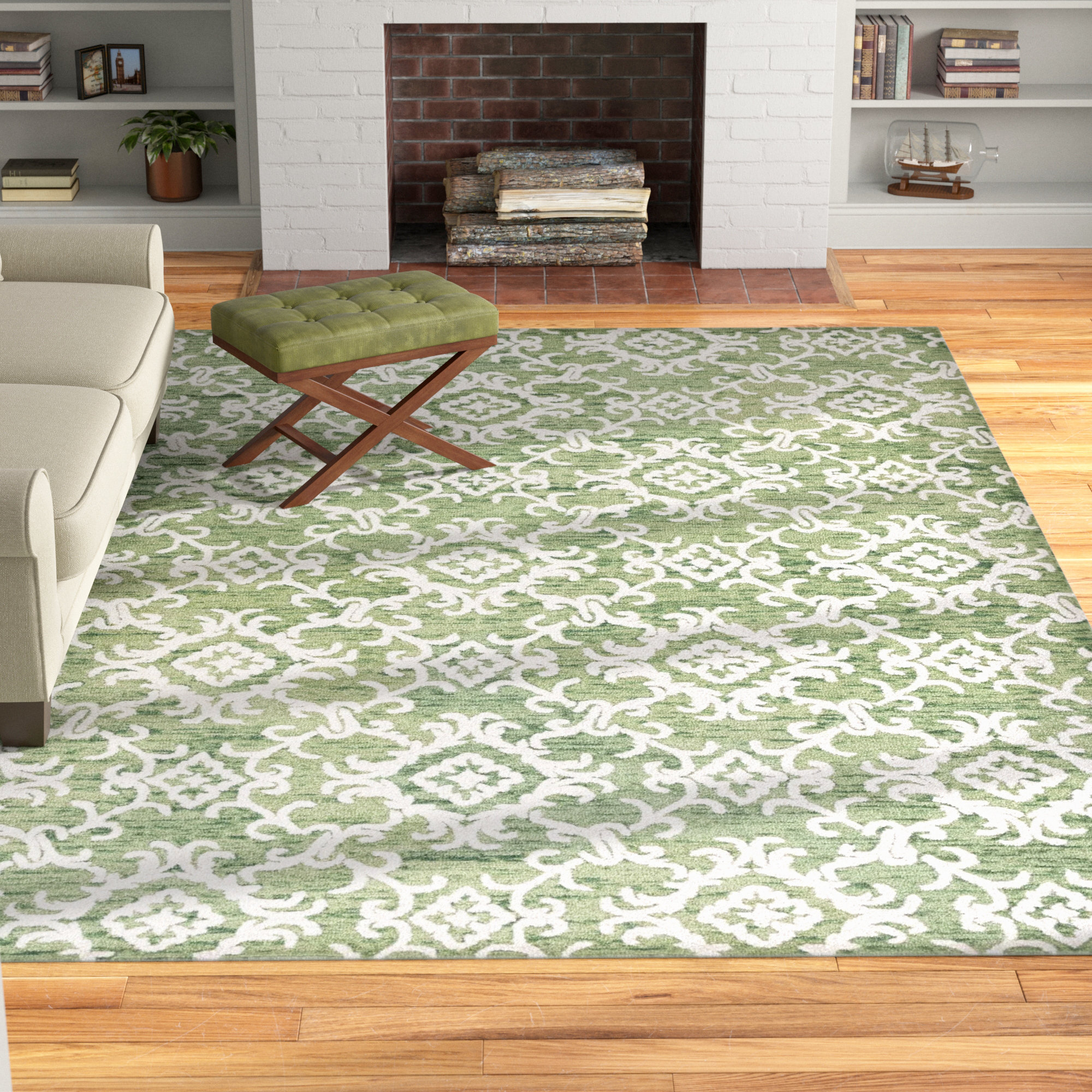 Lark Manor™ Arieah Damask Handmade Tufted Wool Green/White Area Rug ...