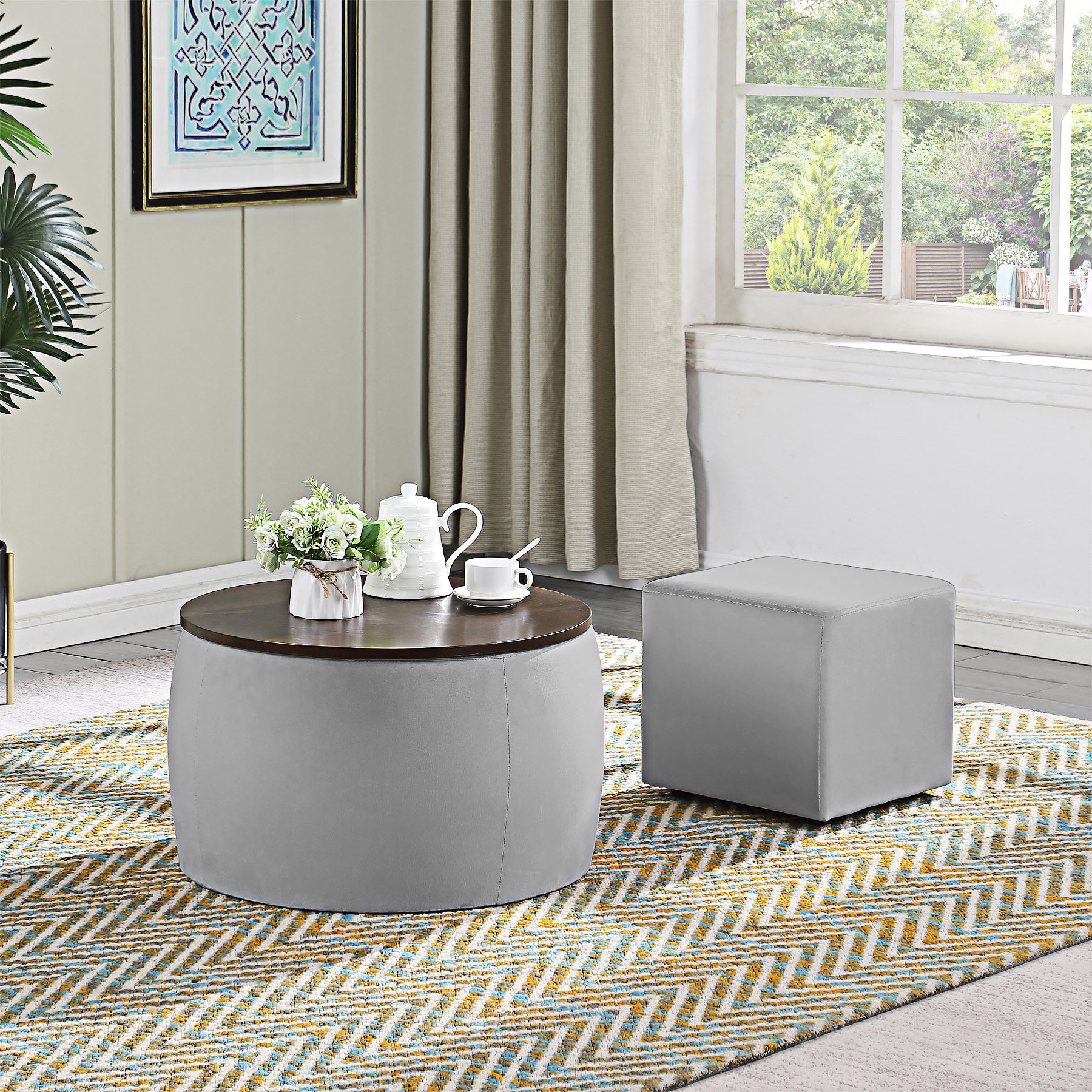 Latitude Run® Round Ottoman Set With Storage Round Coffee Table Square ...